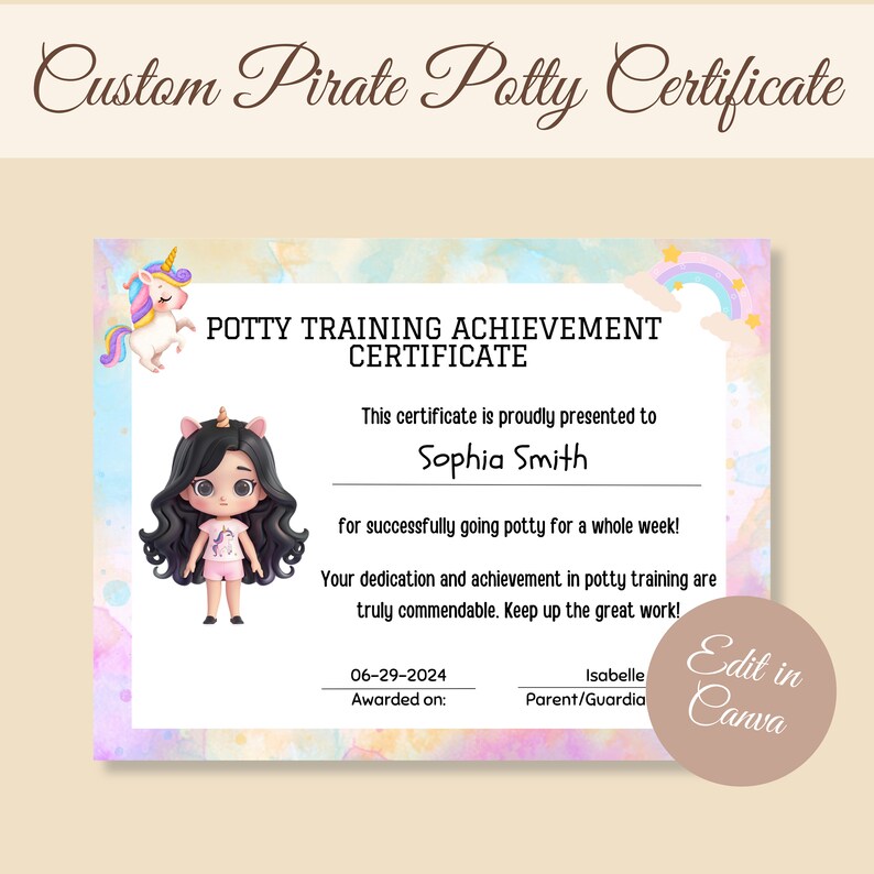 Unicorn Potty Training Certificate Customized Template Printable Edit ...