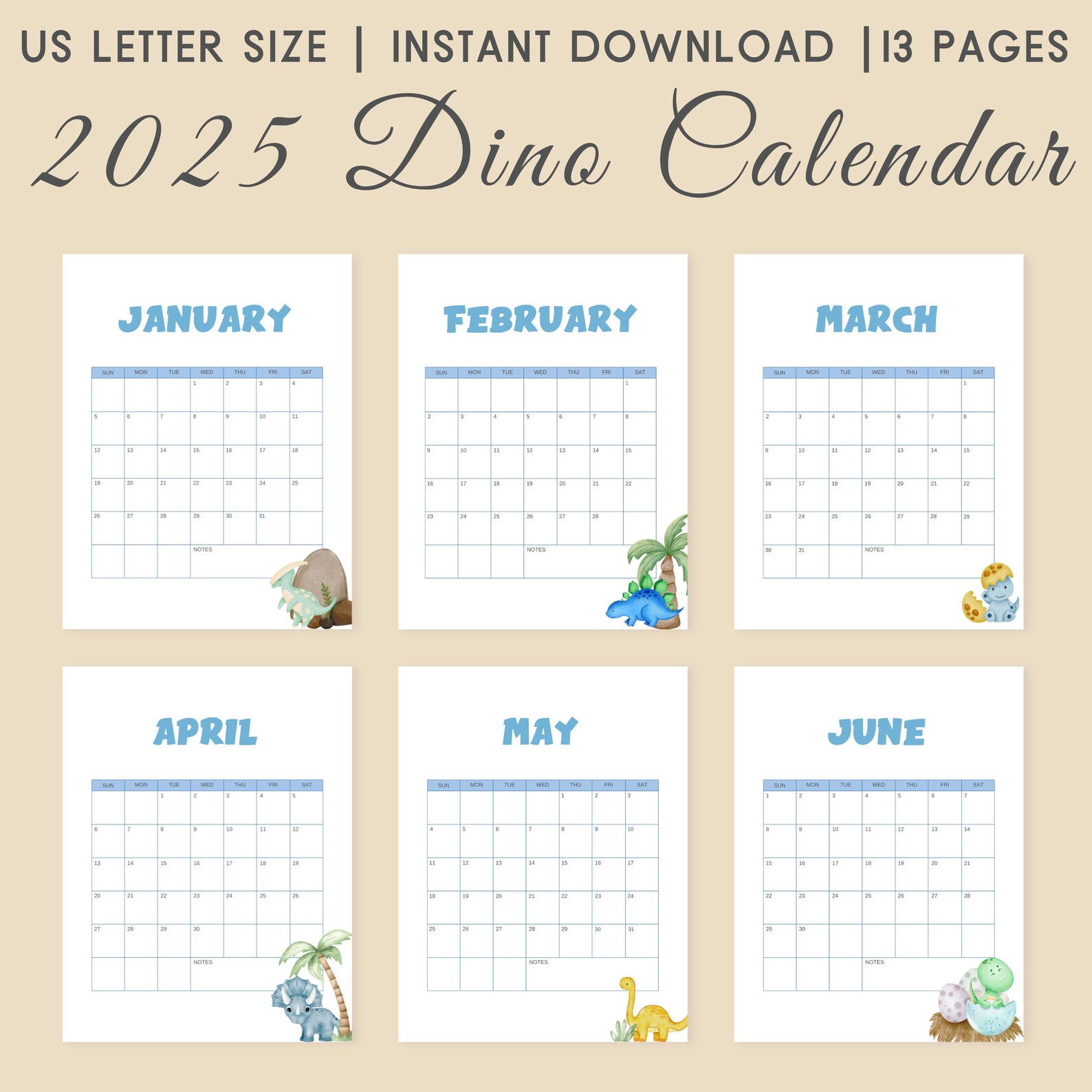 2025 Dinosaur Calendar Printable for Kids Monthly Planner Dino Lover ...