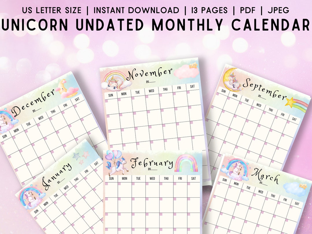 Unicorn Monthly Planner Printable Undated Monthly Calendar Planner ...