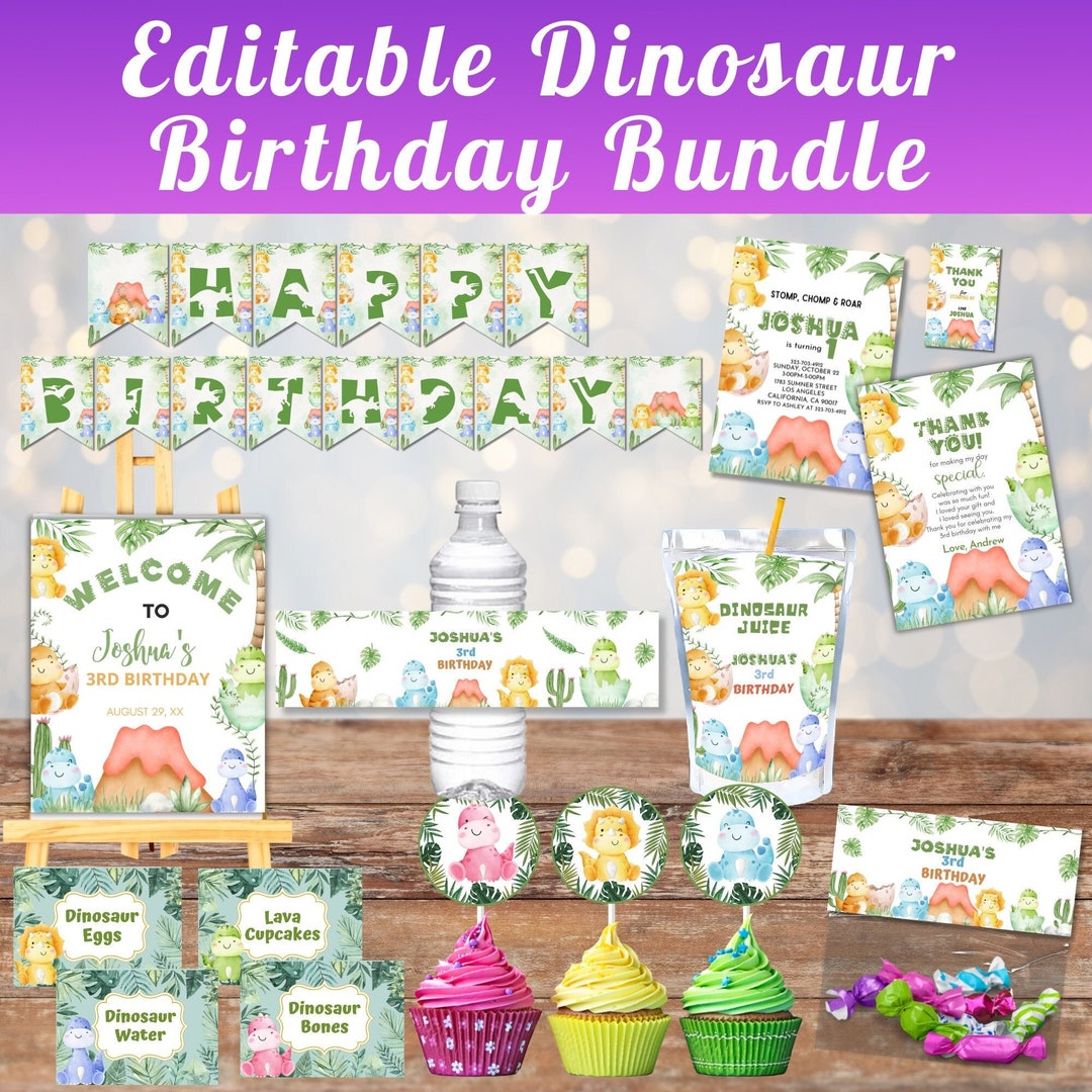 Editable Dinosaur Birthday Bundle Dinosaur Birthday Party Dinosaur 1st ...
