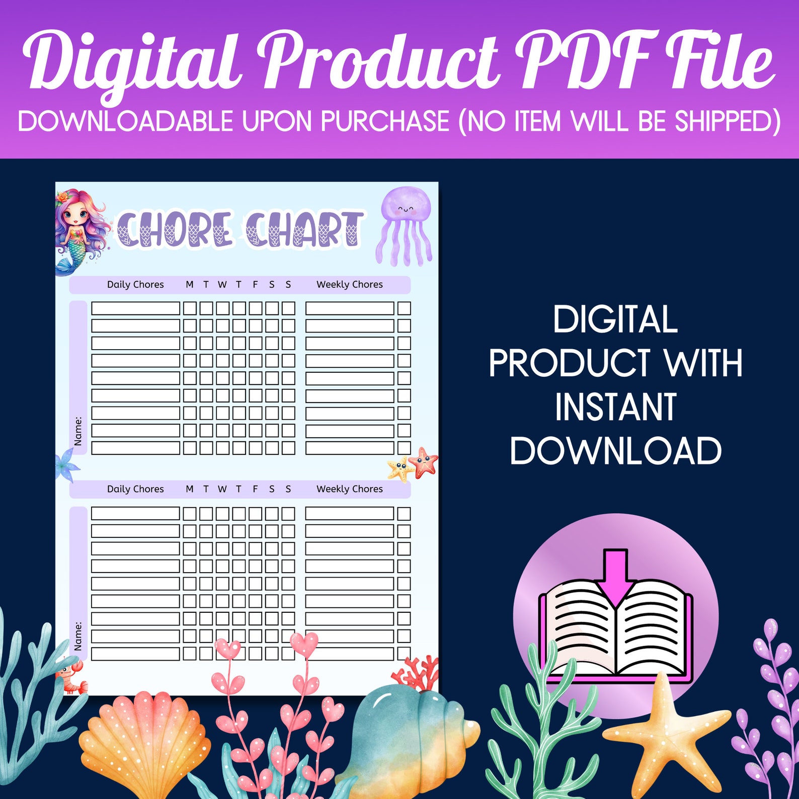 Mermaid Printable Chore Chart for Kids Checklist Routine Chart - Etsy