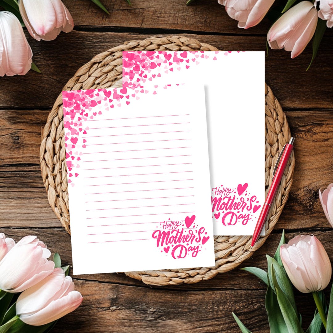 Mother's Day Printable Stationery Pink Hearts Notepad Thank You Letter ...