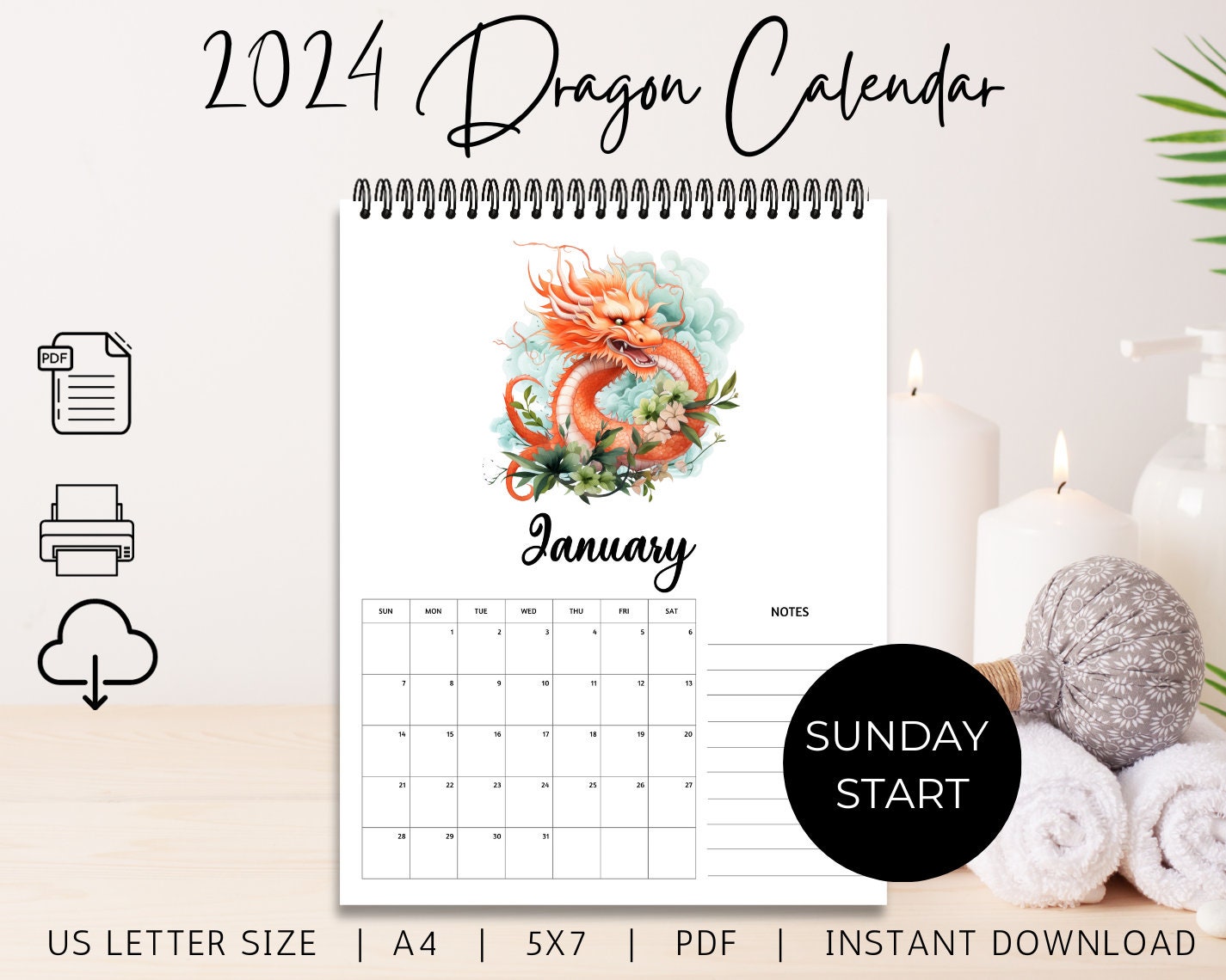 Dragon Calendar 2024 Printable Monthly Fillable Vertical Wall Calendar ...