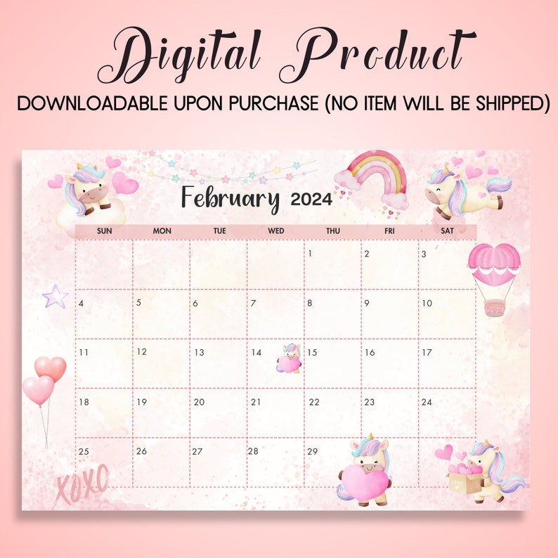 February 2024 Calendar Unicorn Printable Kids Calendar 2024 Wall ...