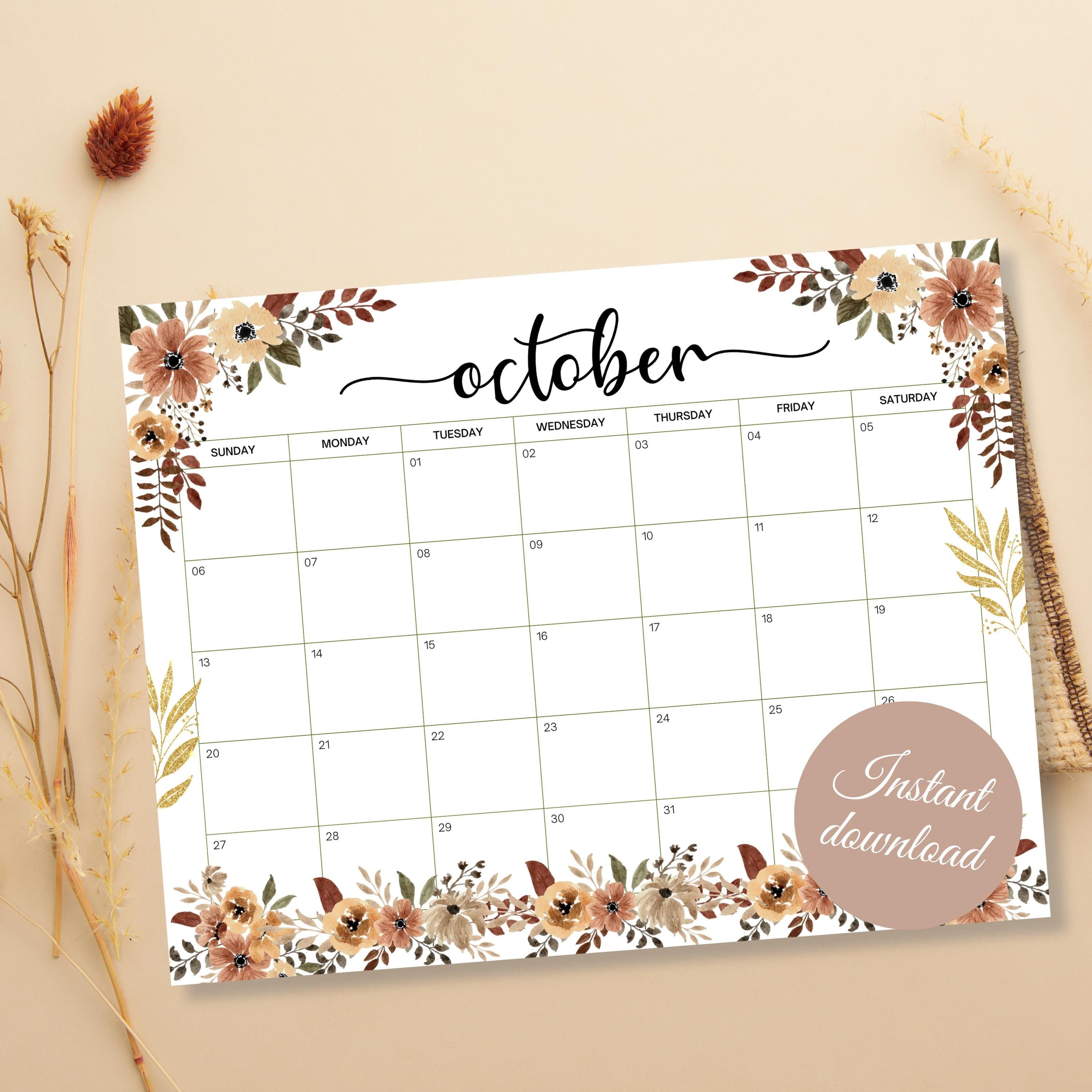 October 2024 Calendar Printable Kids Calendar Wall Fall Classic Floral ...