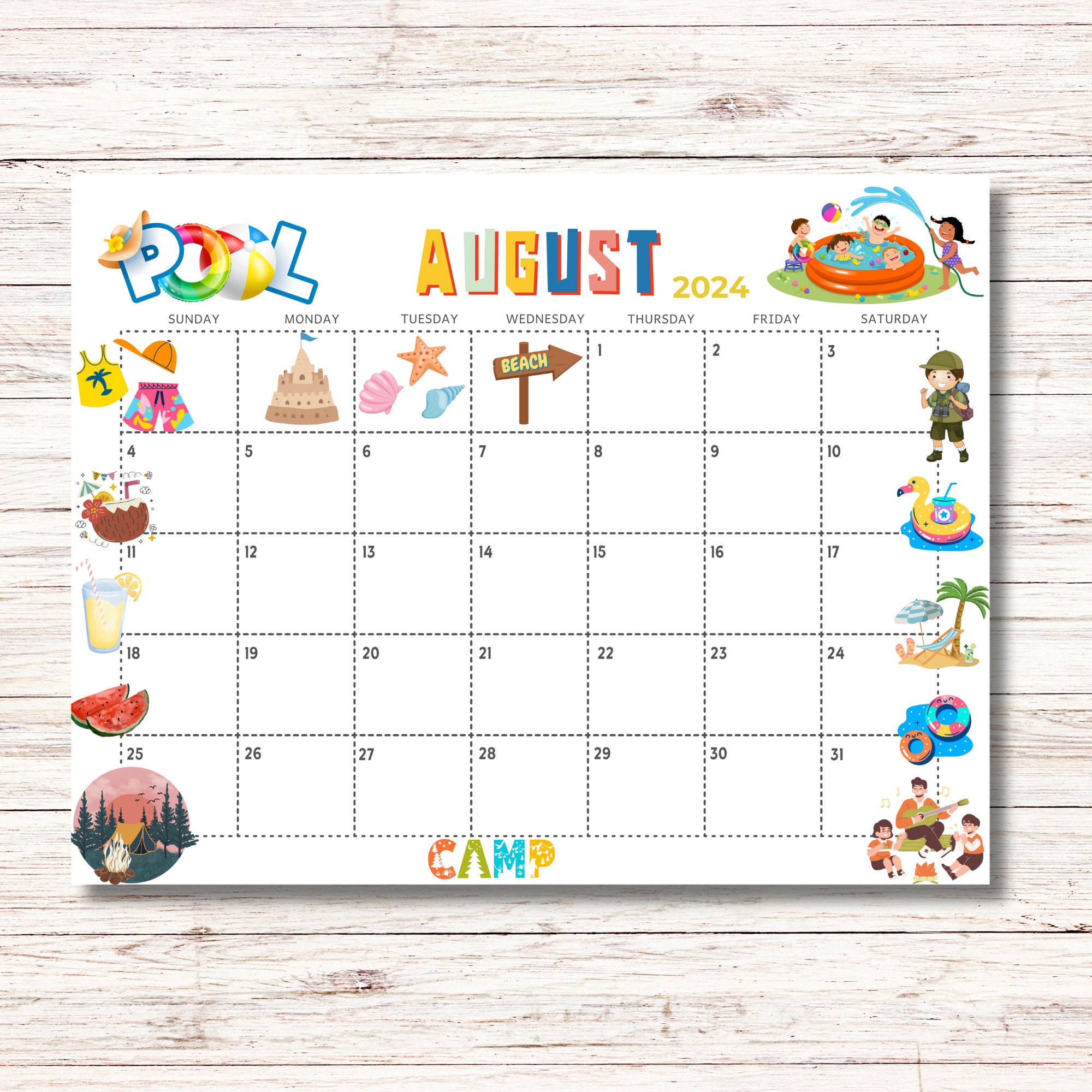 August 2024 Calendar Printable Kids Calendar 2024 Fillable Calendar ...