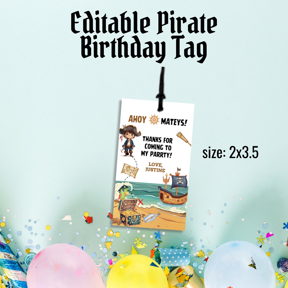 Editable Pirate Birthday Invitation & Printable Pirate Thank You Tag ...