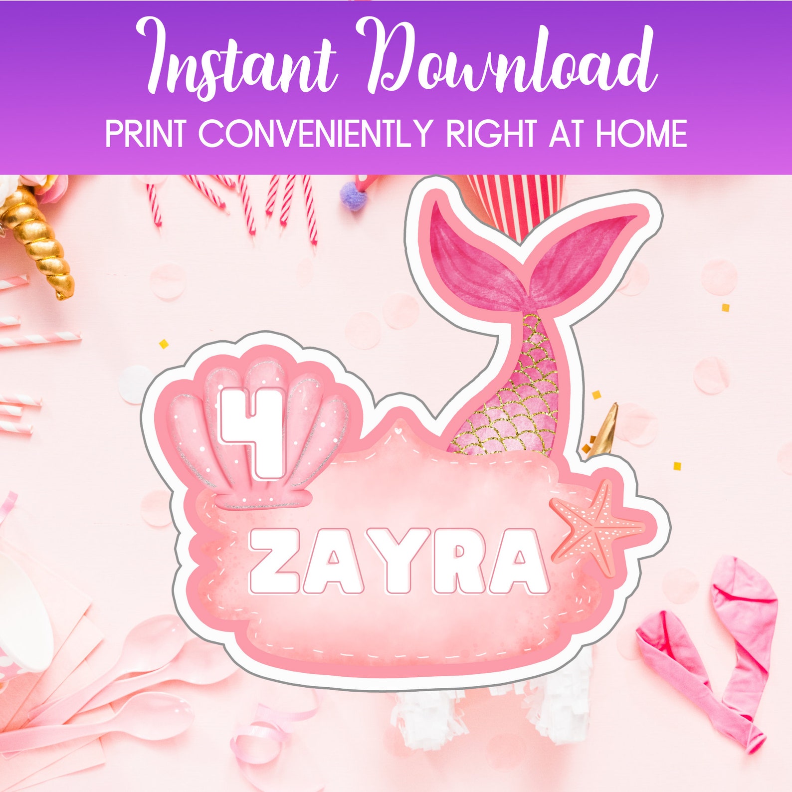 Editable Mermaid Cake Topper Printable, Mermaid Cake Topper With Name ...