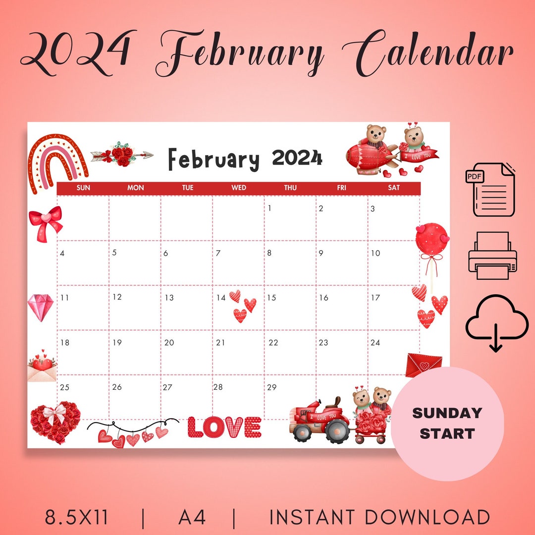 February 2024 Calendar Teddy Bear Printable Kids Calendar 2024 Wall ...