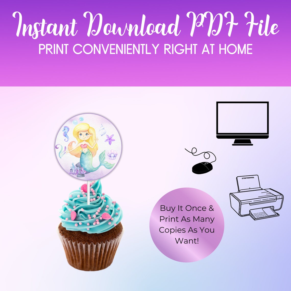 Mermaid Cupcake Topper Printable Mermaid Watercolor Birthday Mermaid ...