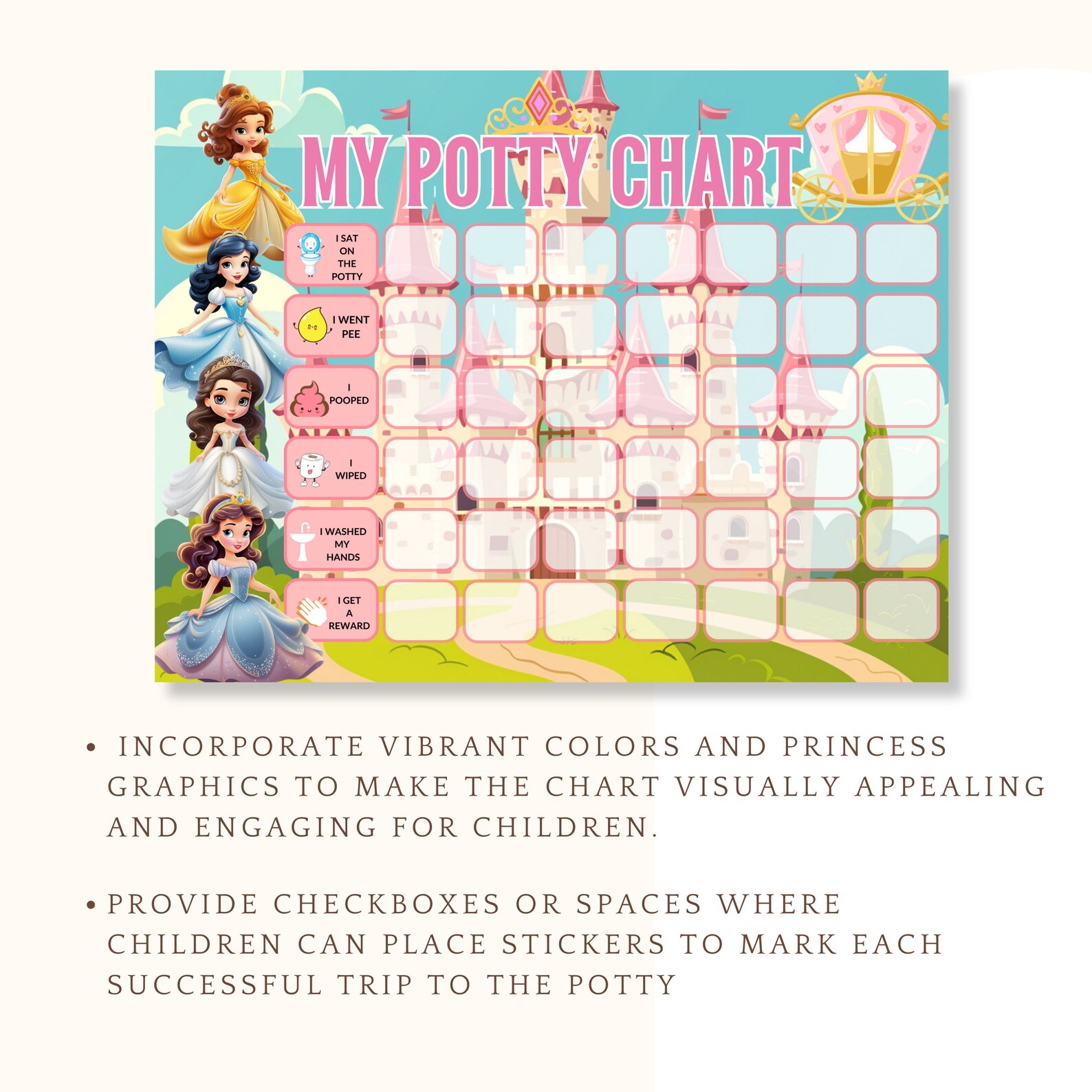 Printable Kids Princess Potty Chart for Girls Toddler Potty Training ...