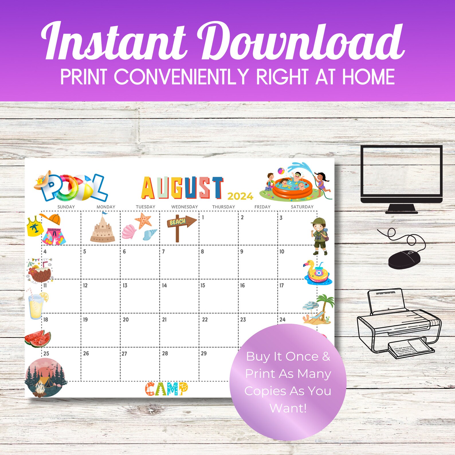 August 2024 Calendar Printable Kids Calendar 2024 Fillable Calendar ...