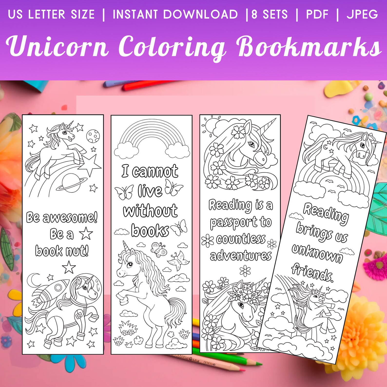 Unicorn Coloring Bookmarks Printable Unicorn Coloring Bookmarks for ...