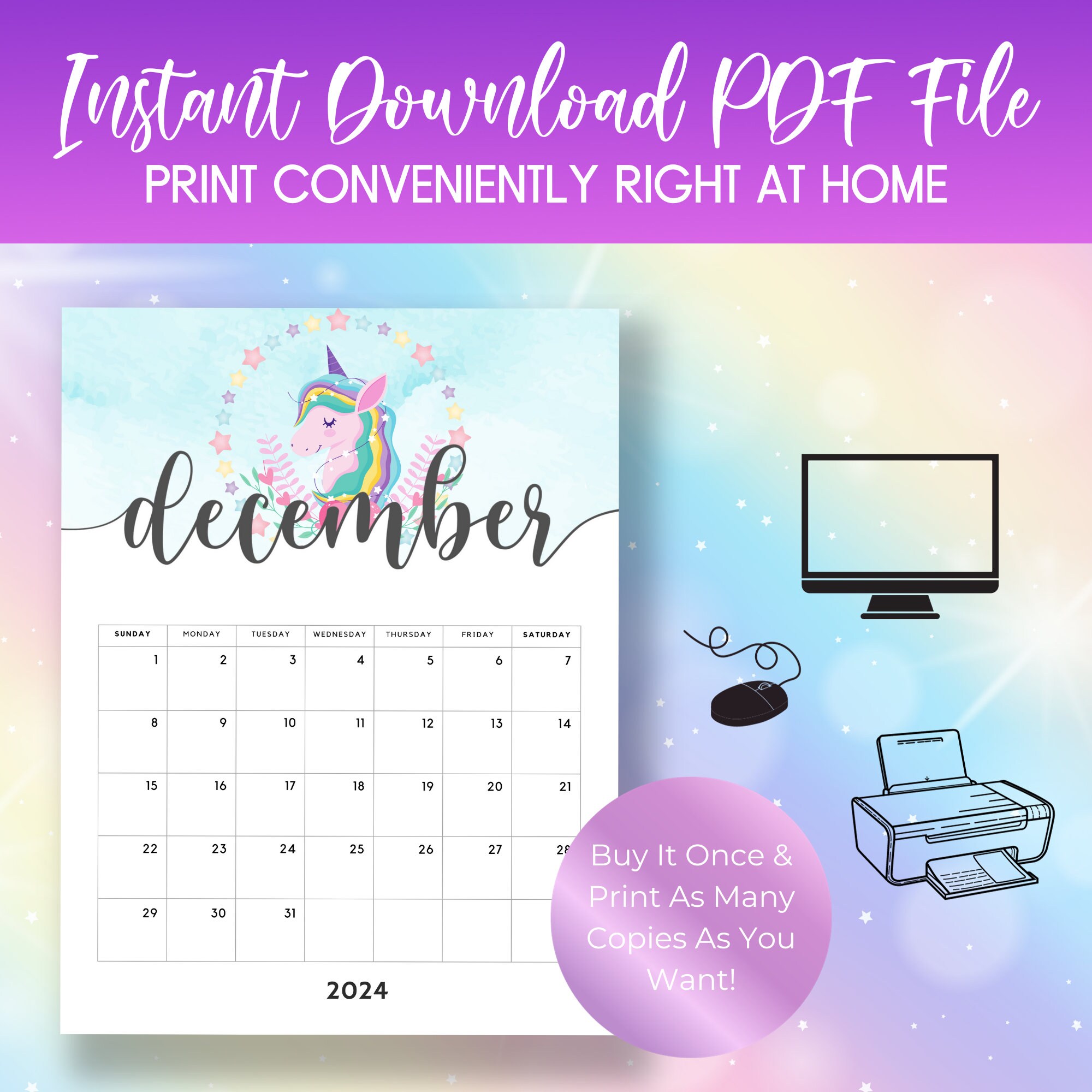 2024 Unicorn Calendar Printable Unicorn Clipart 2024 Calendar PDF 2024 ...