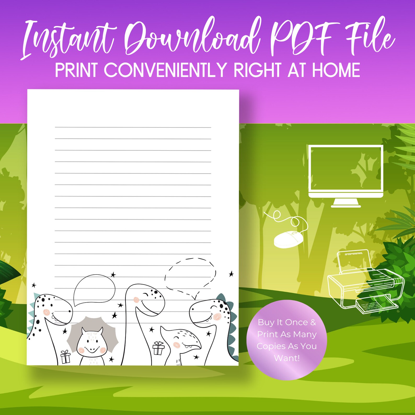 PRINTABLE Dinosaur Stationery Dinosaur Stationary Dinosaur - Etsy