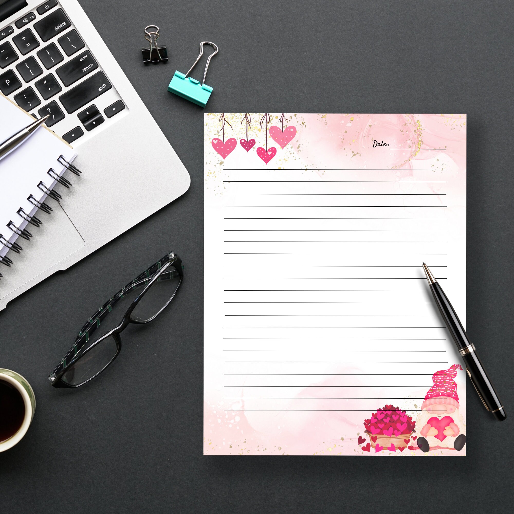 Printable Valentines Day Stationery Set Pink Stationery Gnome ...