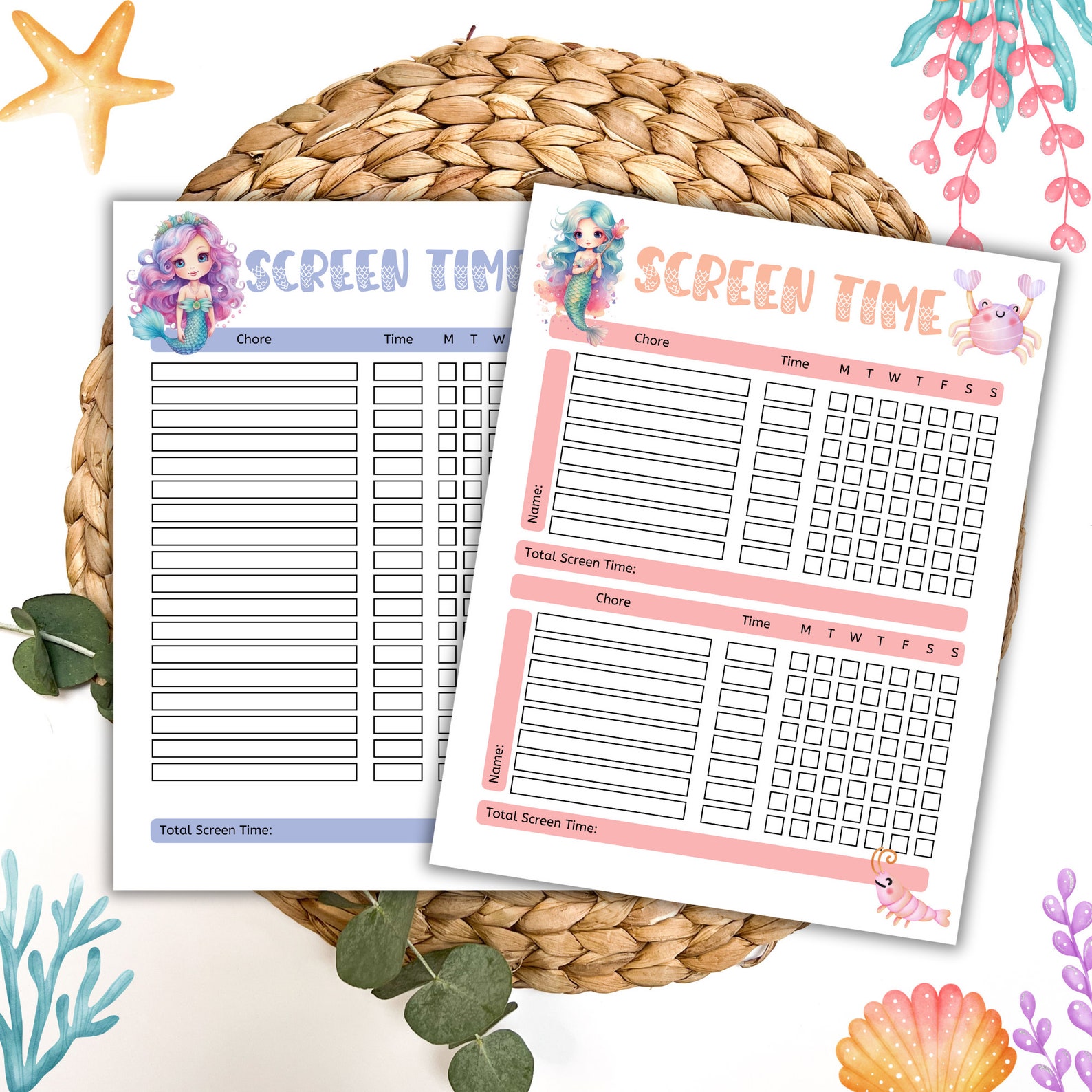 Mermaid Screen Time Chore Chart for Kids Printable Screen Time Tracker ...