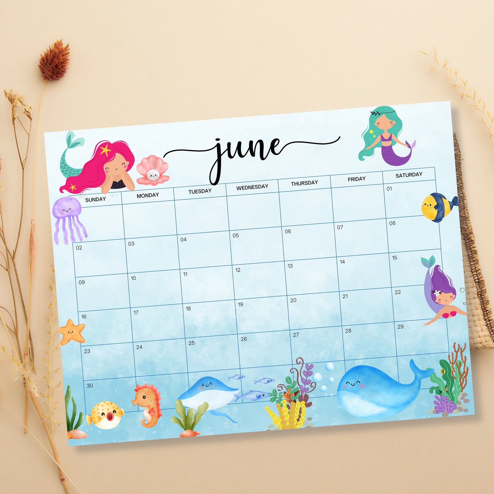 June 2024 Calendar Printable Kids Mermaid 2024 Calendar School June ...