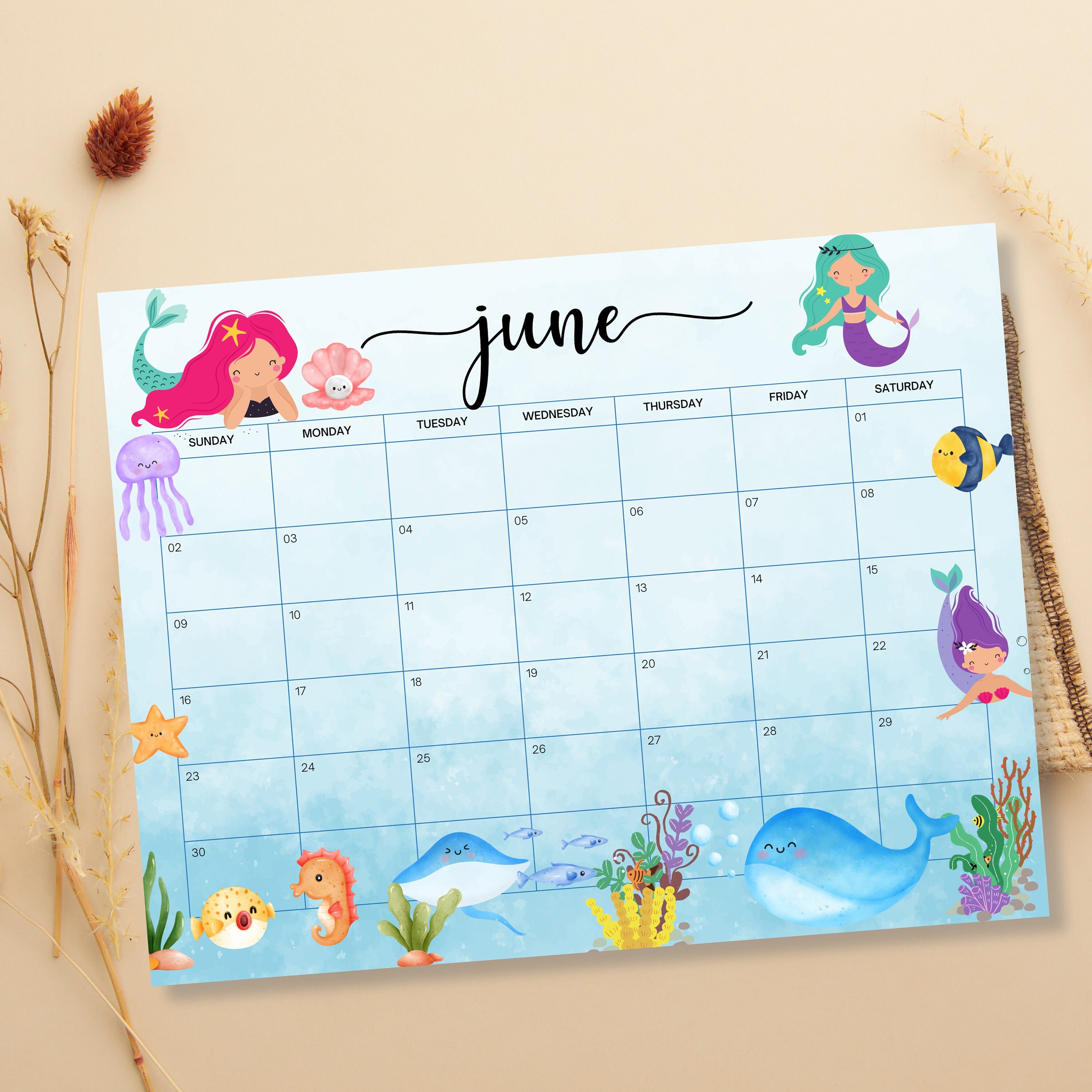 June 2024 Calendar Printable Kids Mermaid 2024 Calendar School June ...