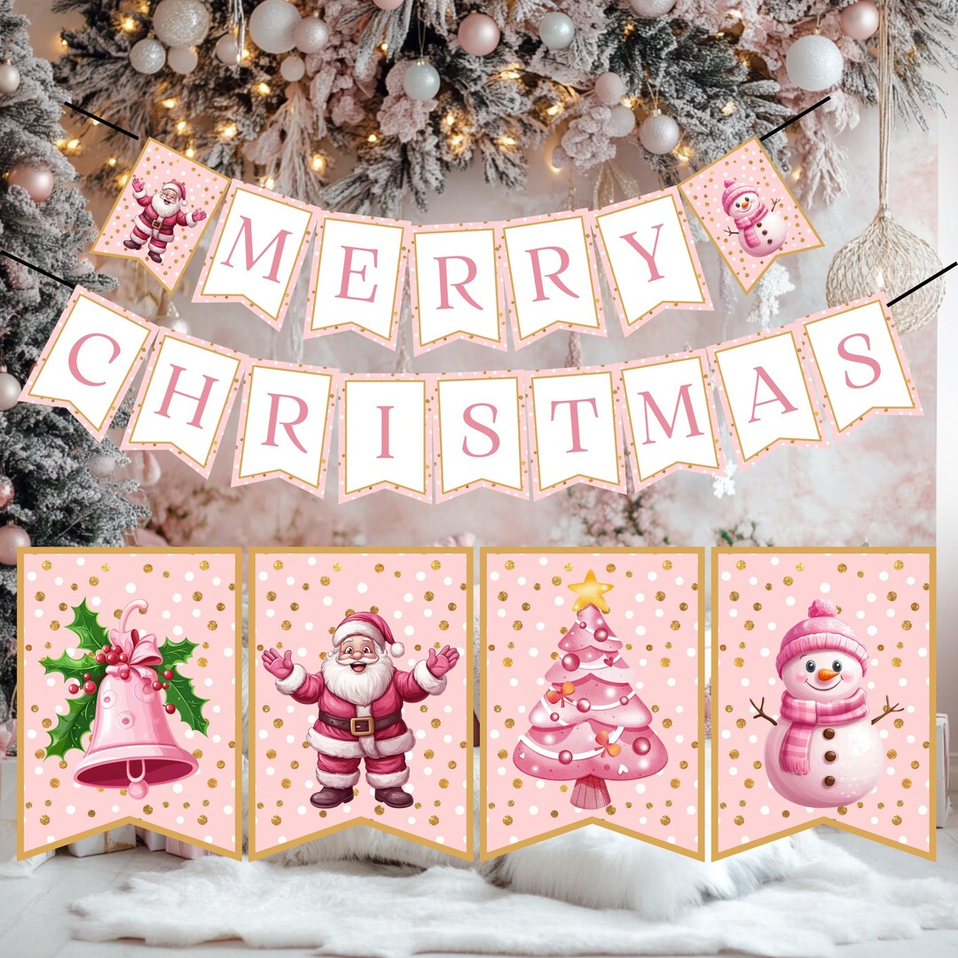 Merry Christmas Banner Printable Garland Pink Coquette Theme Confetti ...