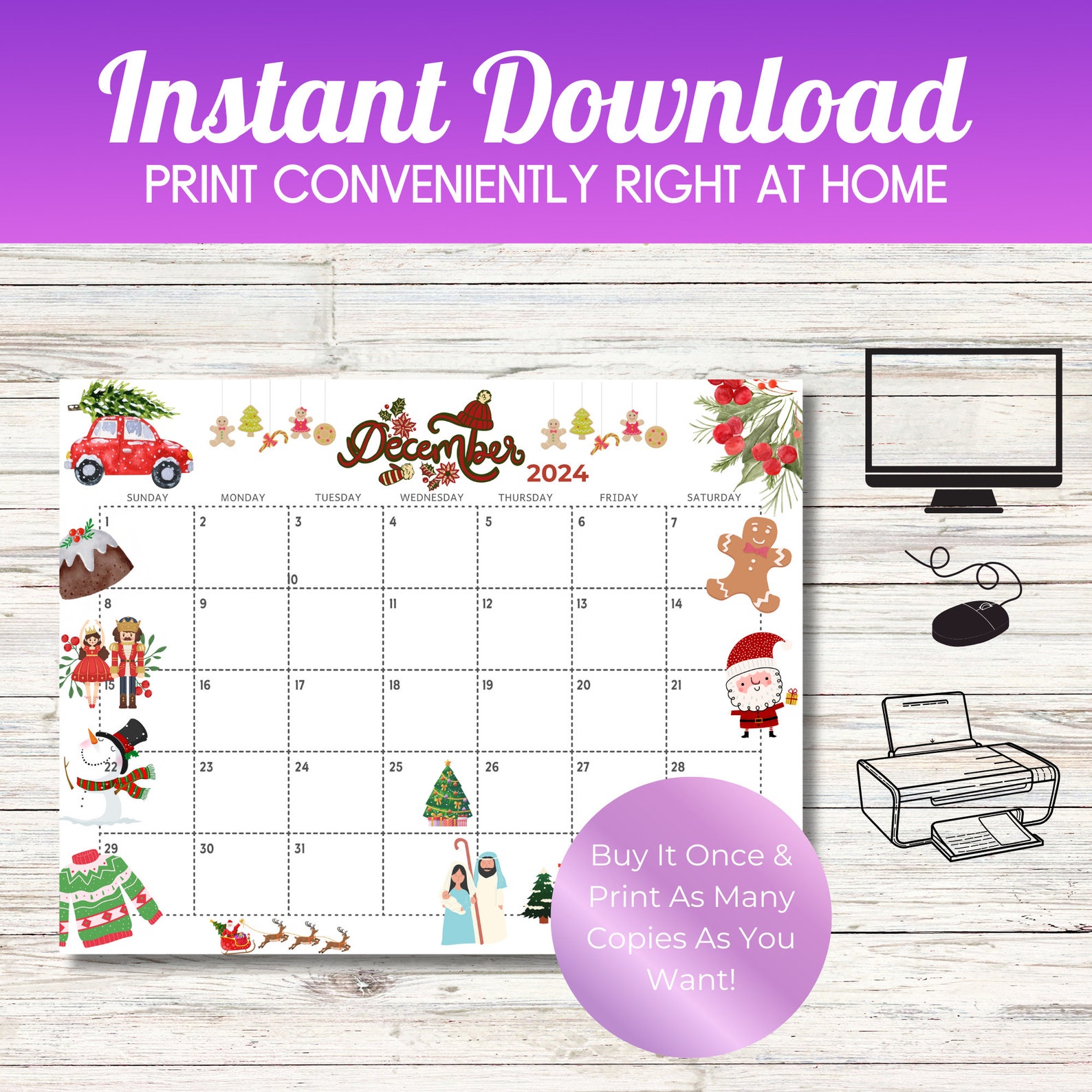 December 2024 Calendar Printable Kids Calendar 2024 Wall Calendar ...