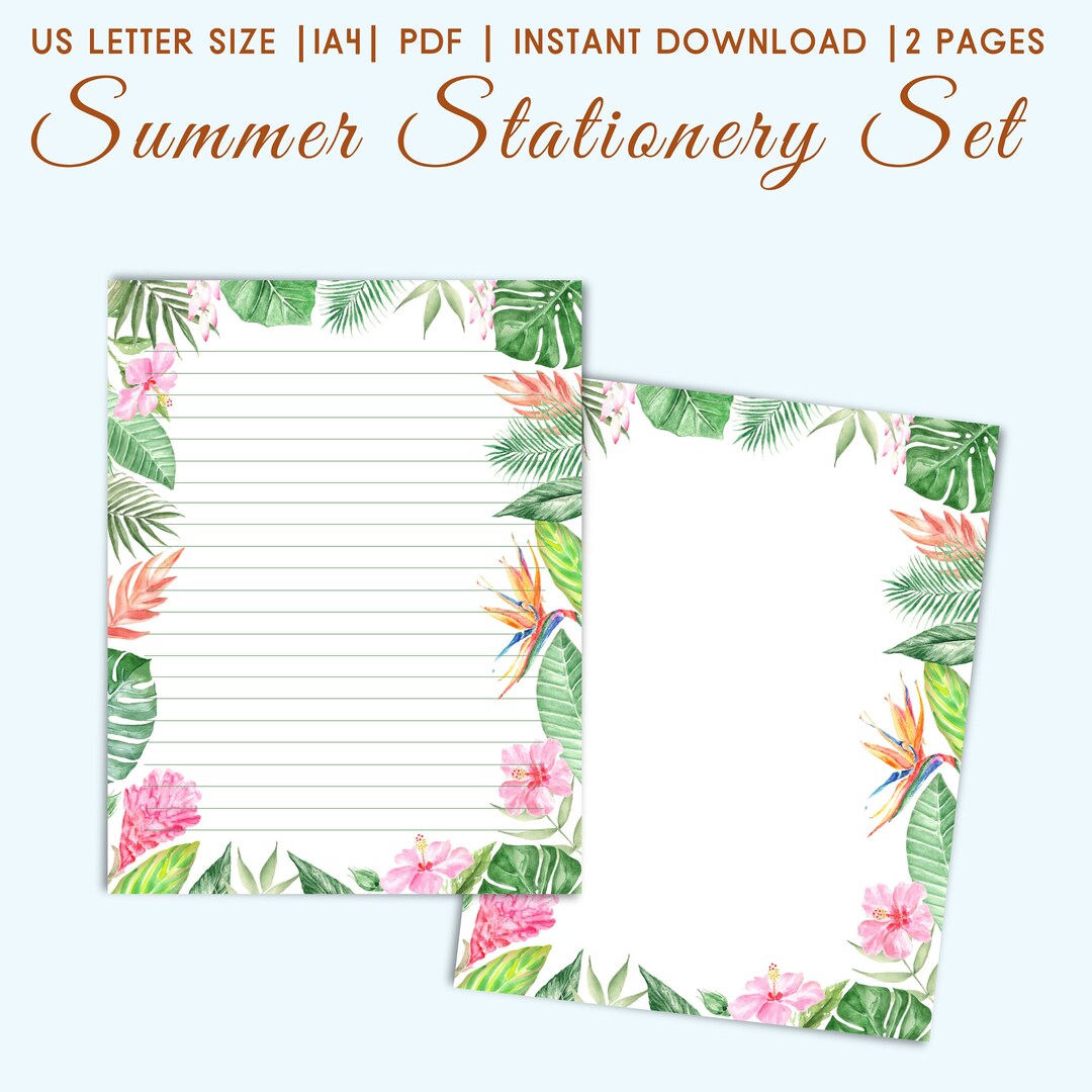 Summer Stationery Set Tropical Leaves Printable Stationary Watercolor ...