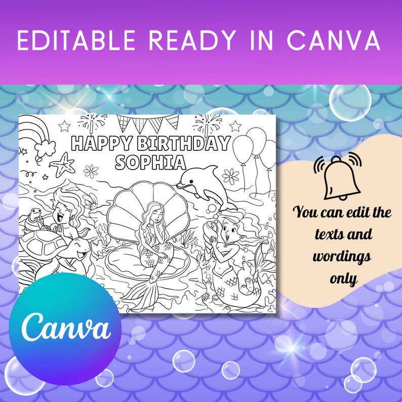 Editable Mermaid Birthday Coloring Mermaid Coloring Pages Mermaid ...