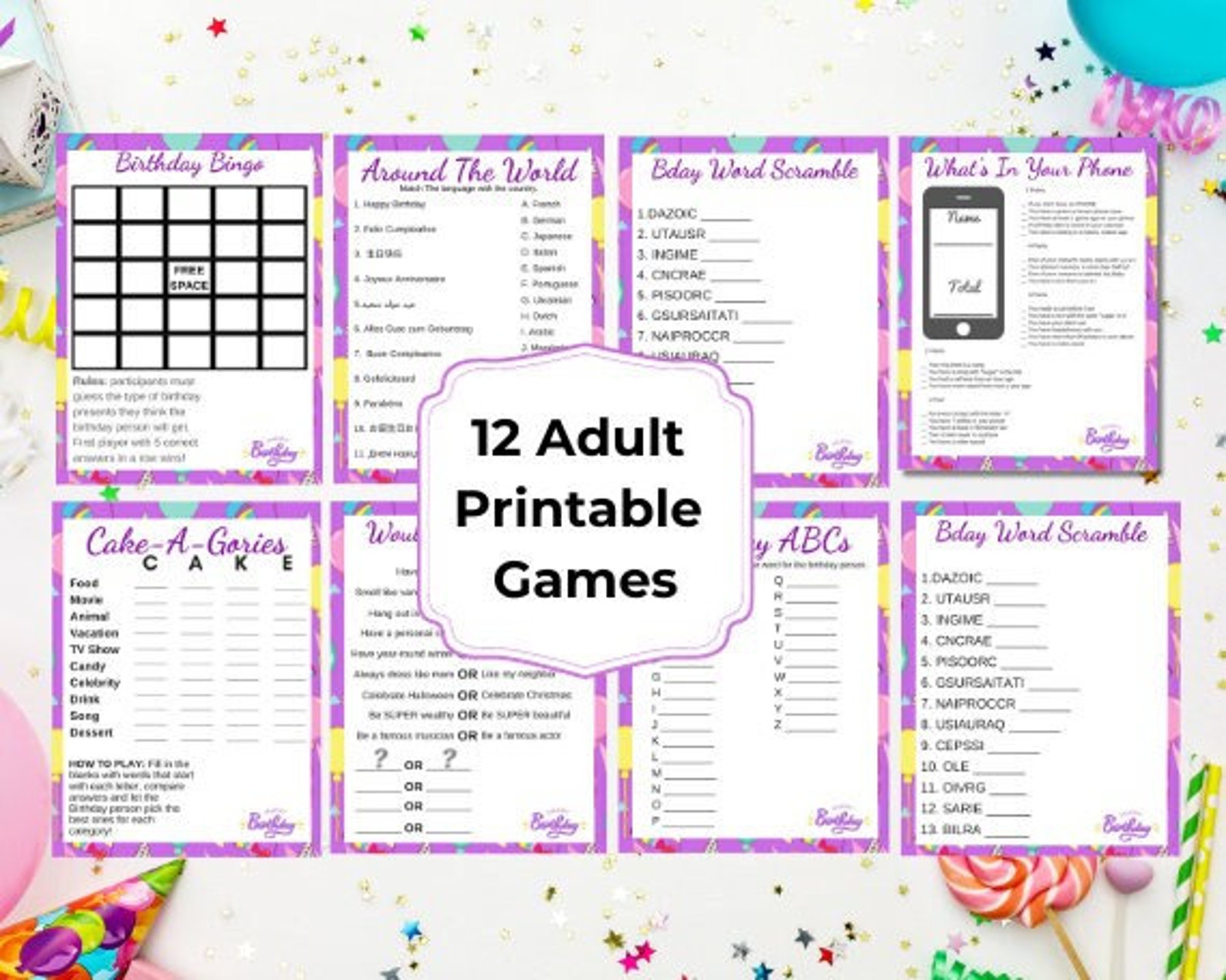Adult Birthday Games Birthday Printable Bundle Word Scramble Birthday ...
