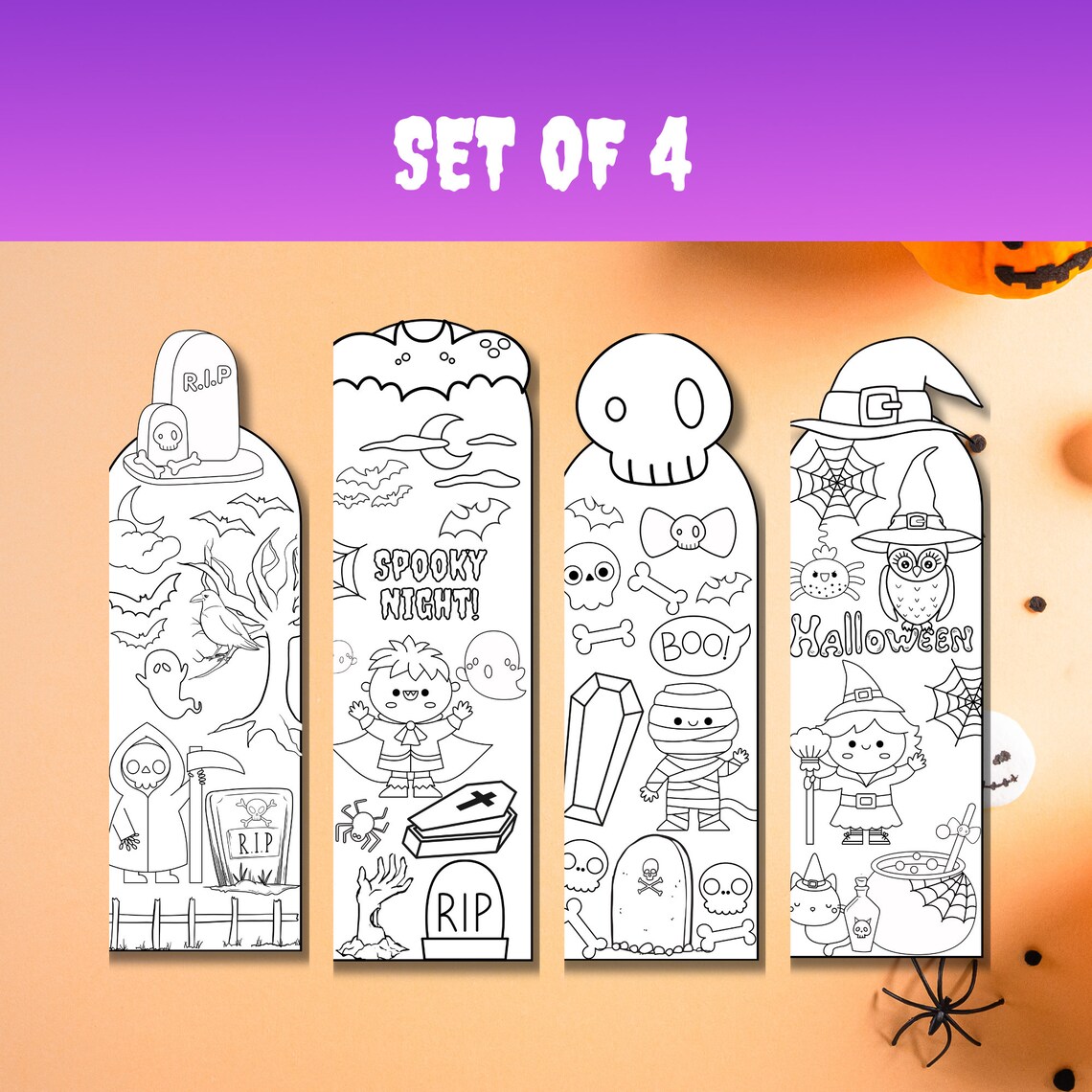 Halloween Coloring Topper Bookmarks for Kids Set 4 Halloween Bookmarks ...