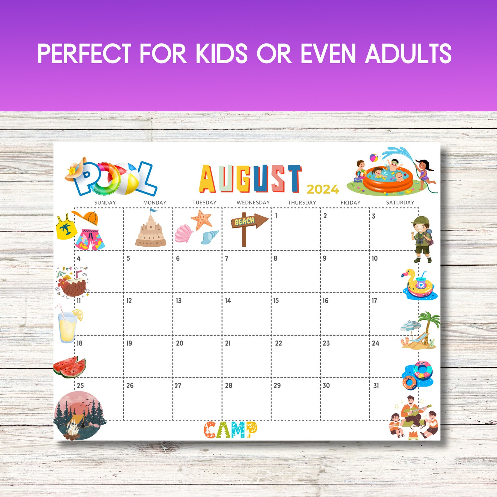 August 2024 Calendar Printable Kids Calendar 2024 Fillable Calendar ...