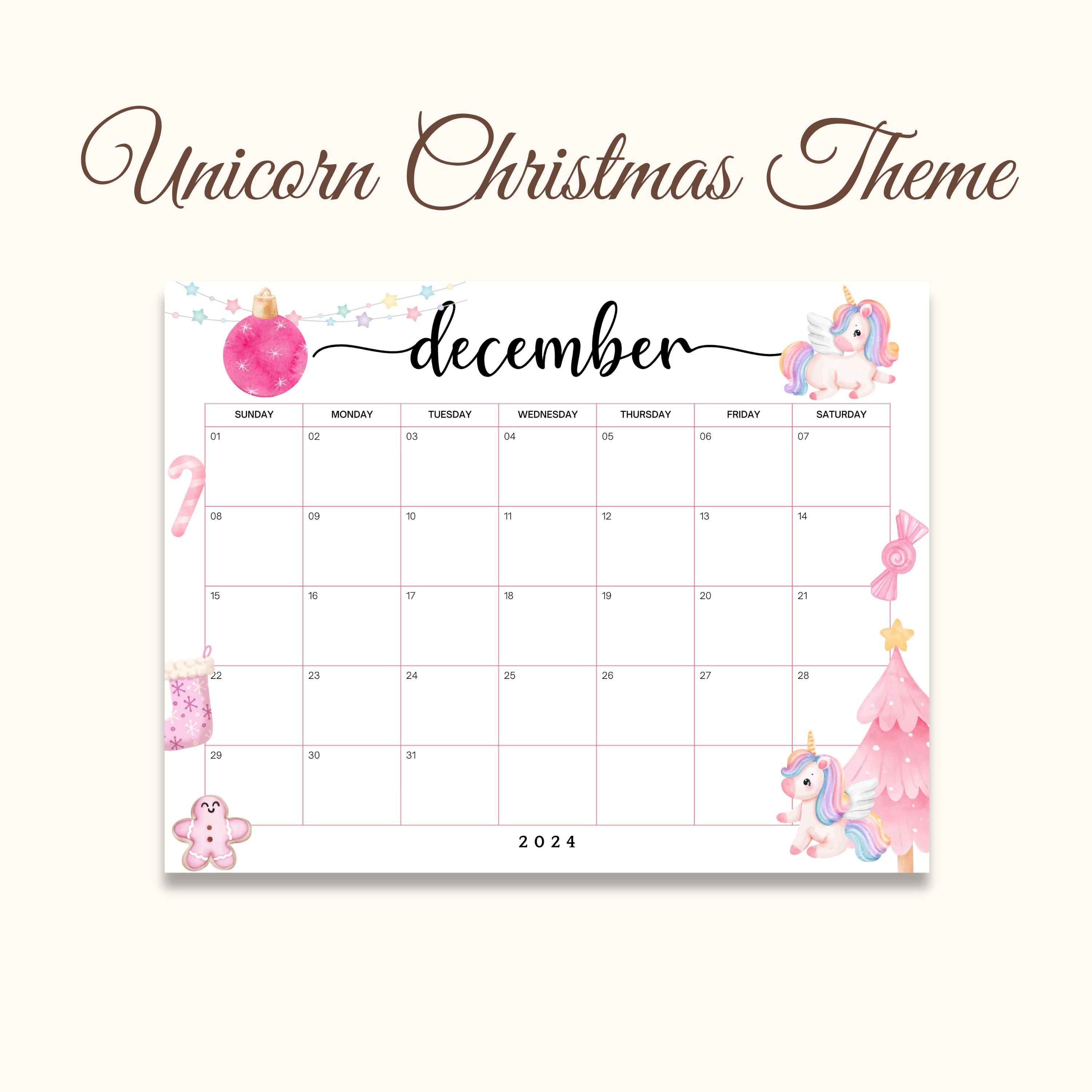 DECEMBER 2024 Calendar Printable Pink Unicorn Calendar Page Classroom ...