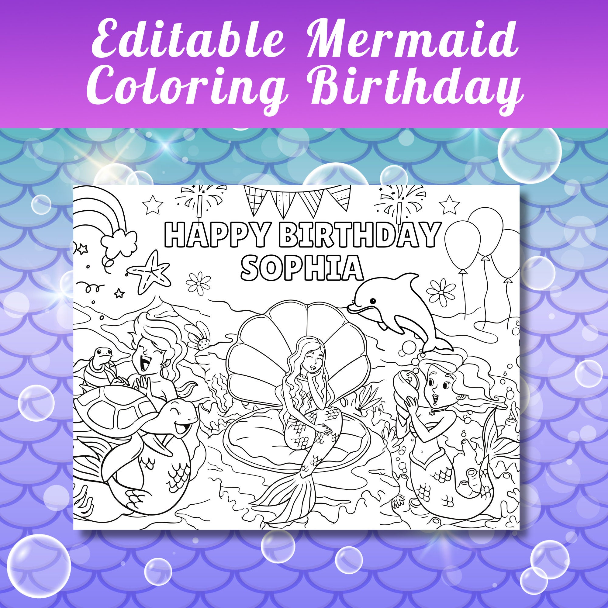 Editable Mermaid Birthday Coloring Mermaid Coloring Pages Mermaid ...