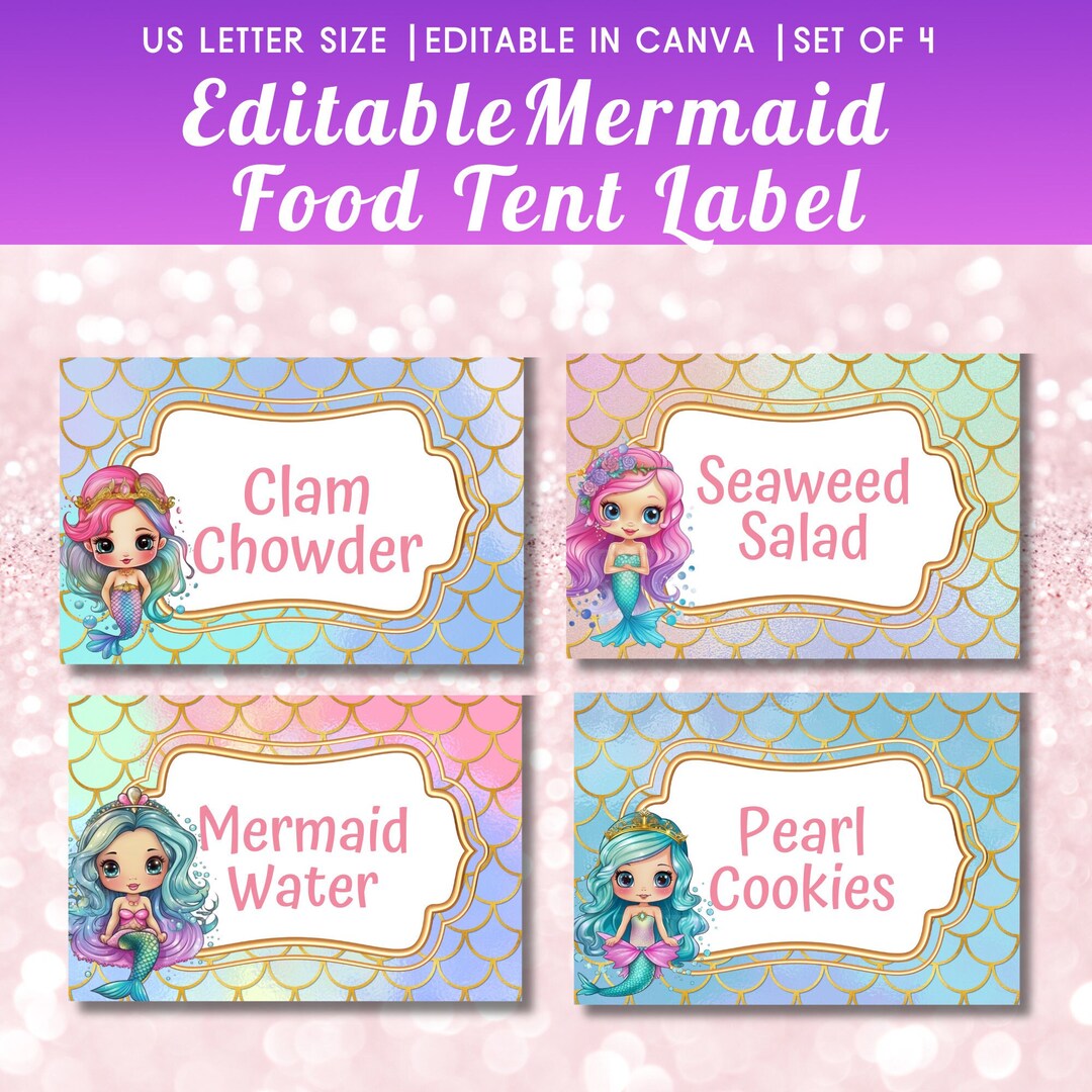 Editable Mermaid Party Food Label Mermaid Blank Food Tent Cards Labels ...