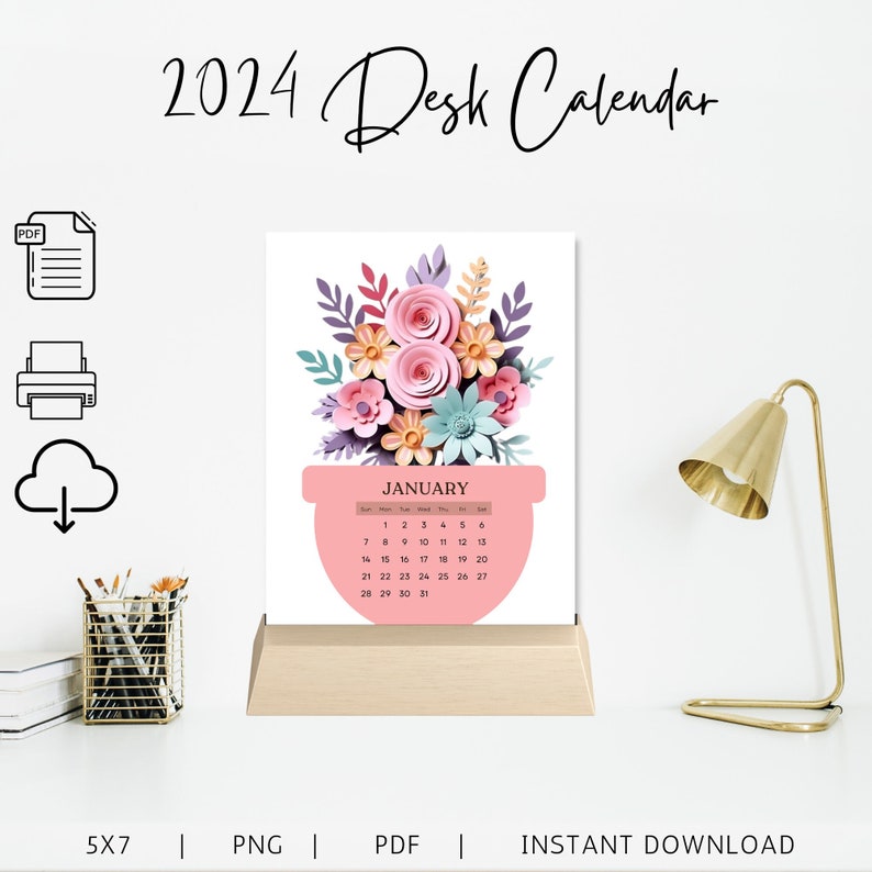 Papercut 3D Flower Desk Calendar 2024 Flower Calendar Printable Spring ...