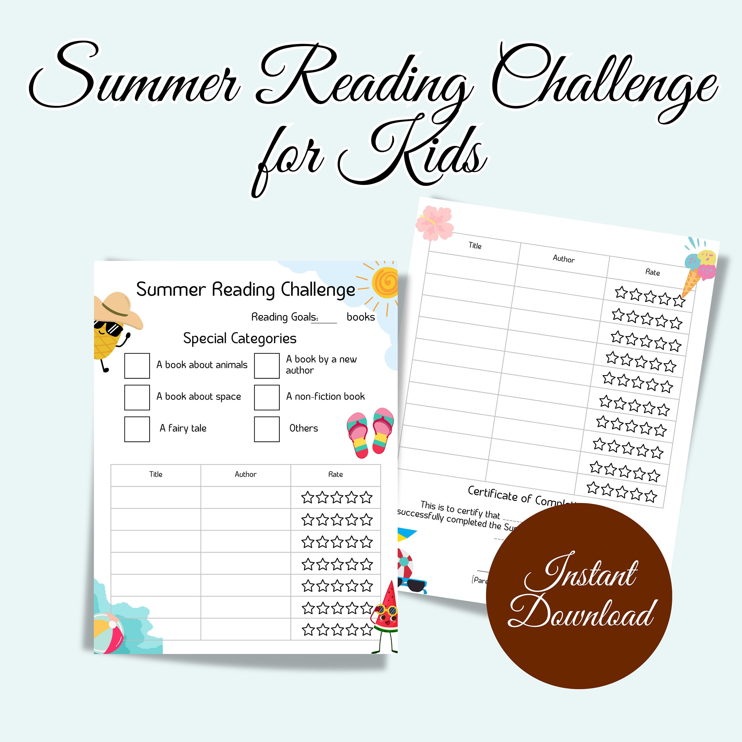 Summer Reading Challenge for Kids Fun Easy Tracker Log Primary Grades ...