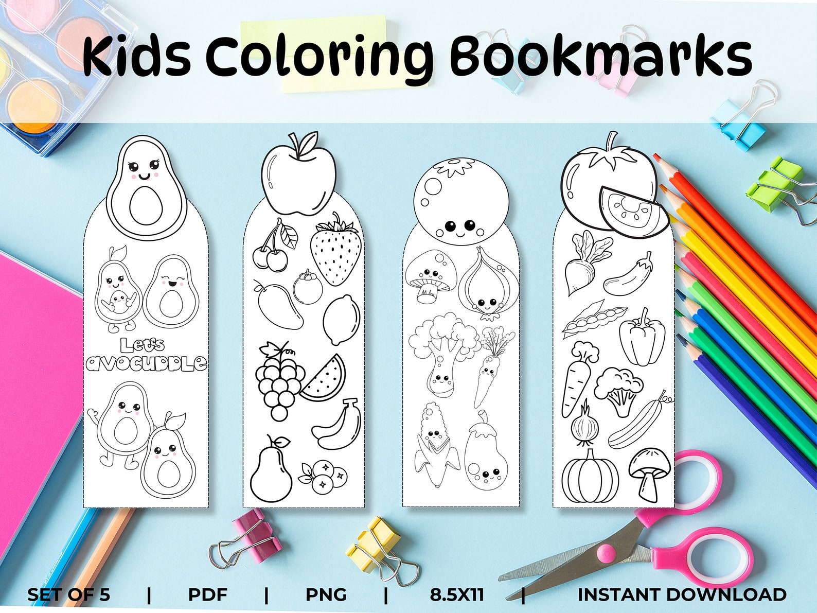 Food Coloring Bookmarks Kids Vegetables Fruits Coloring Classroom ...