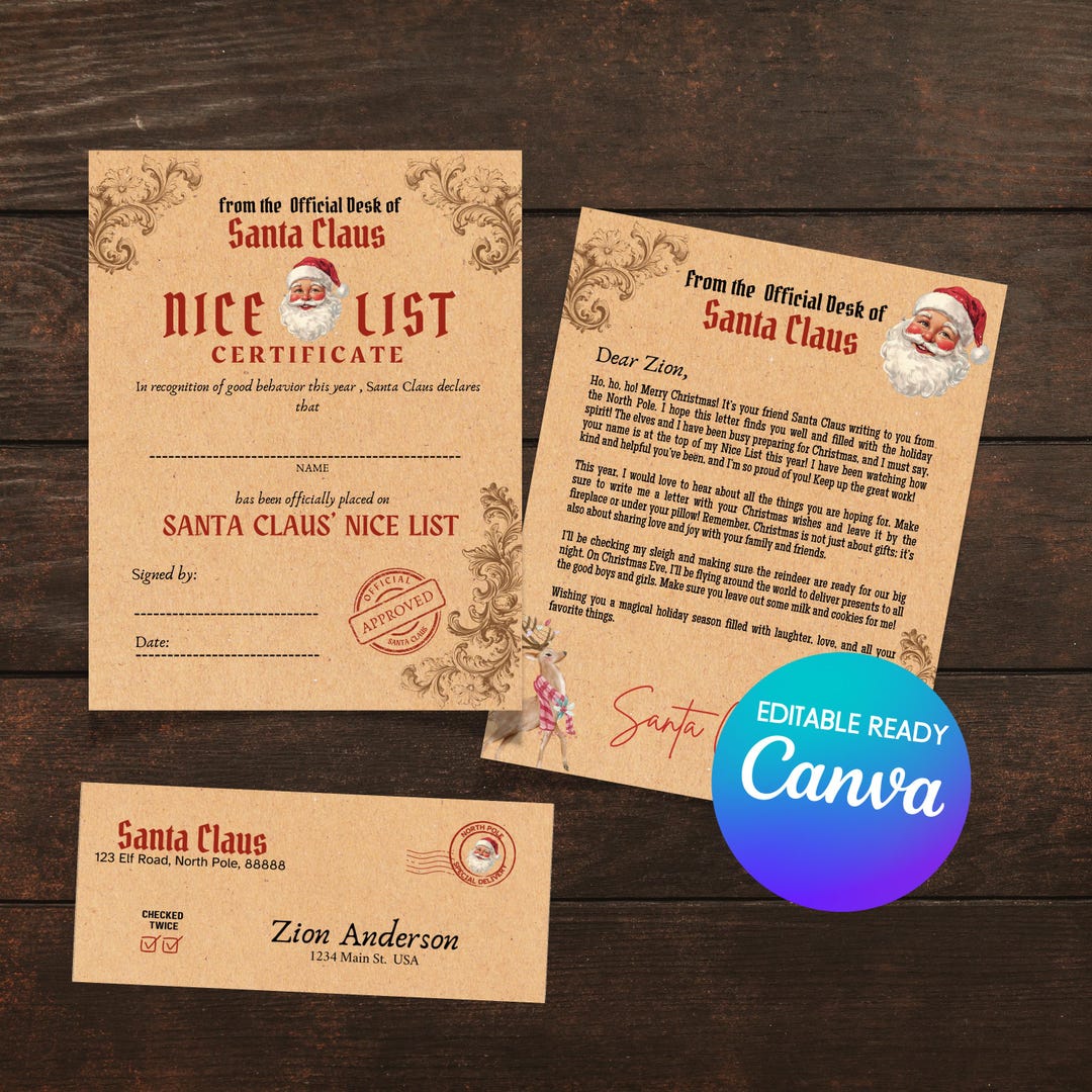 Editable Letter From Santas Official Desk Nice List Certificate With ...