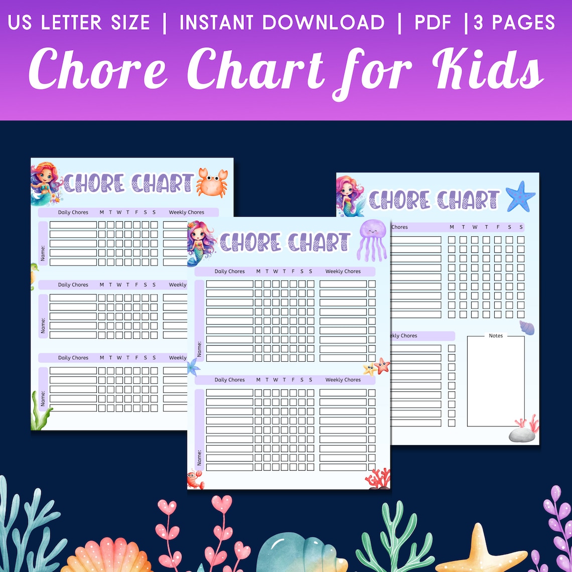 Mermaid Printable Chore Chart for Kids Checklist Routine Chart - Etsy
