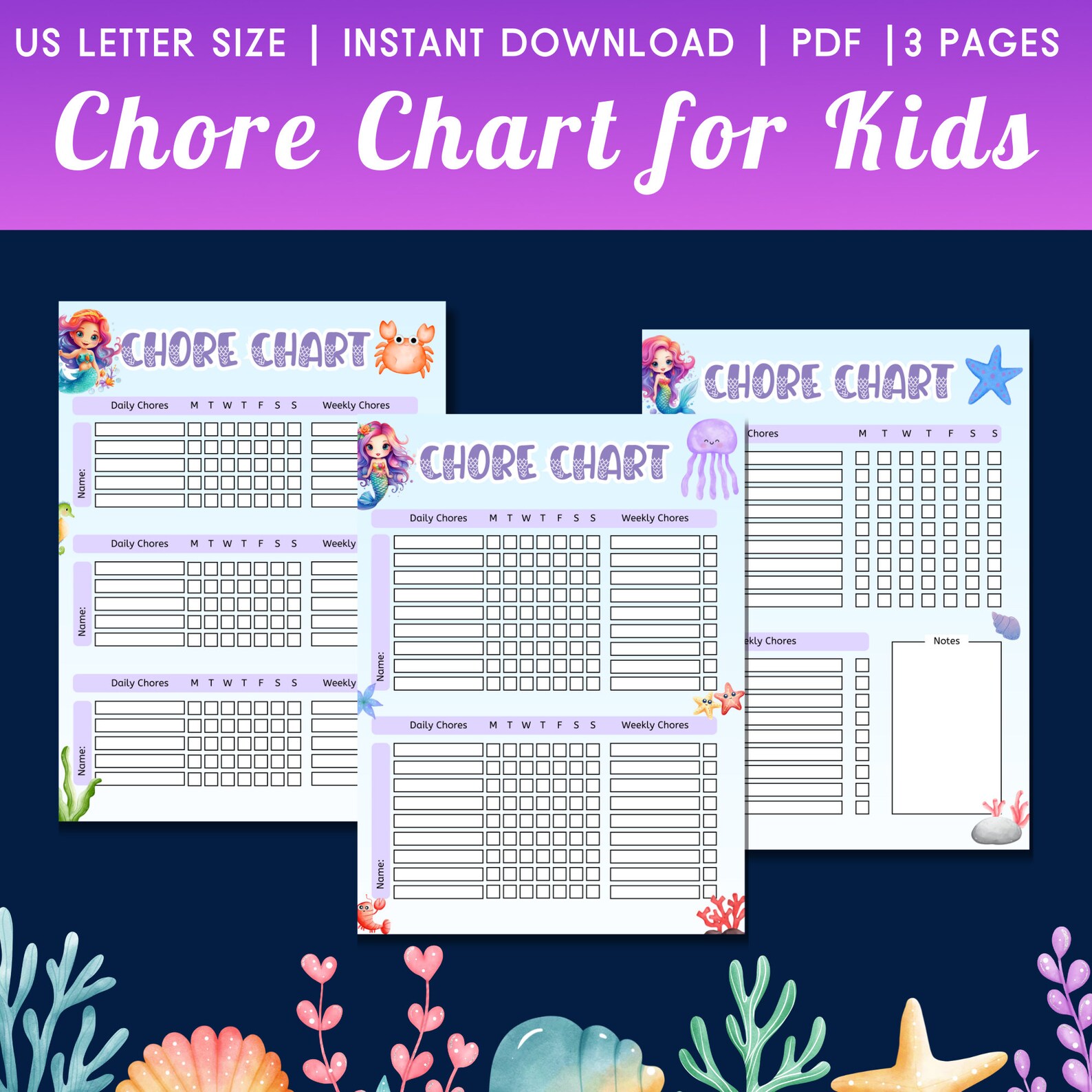 Mermaid Printable Chore Chart for Kids Checklist Routine Chart - Etsy
