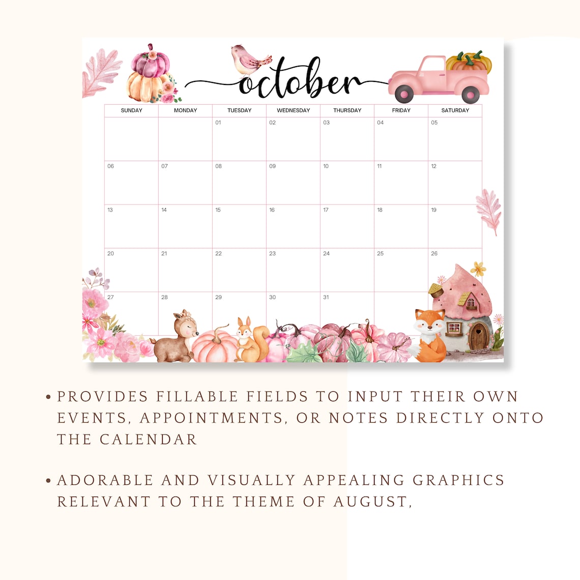 October 2024 Calendar Printable Kids Calendar Fall Wall Calendar ...