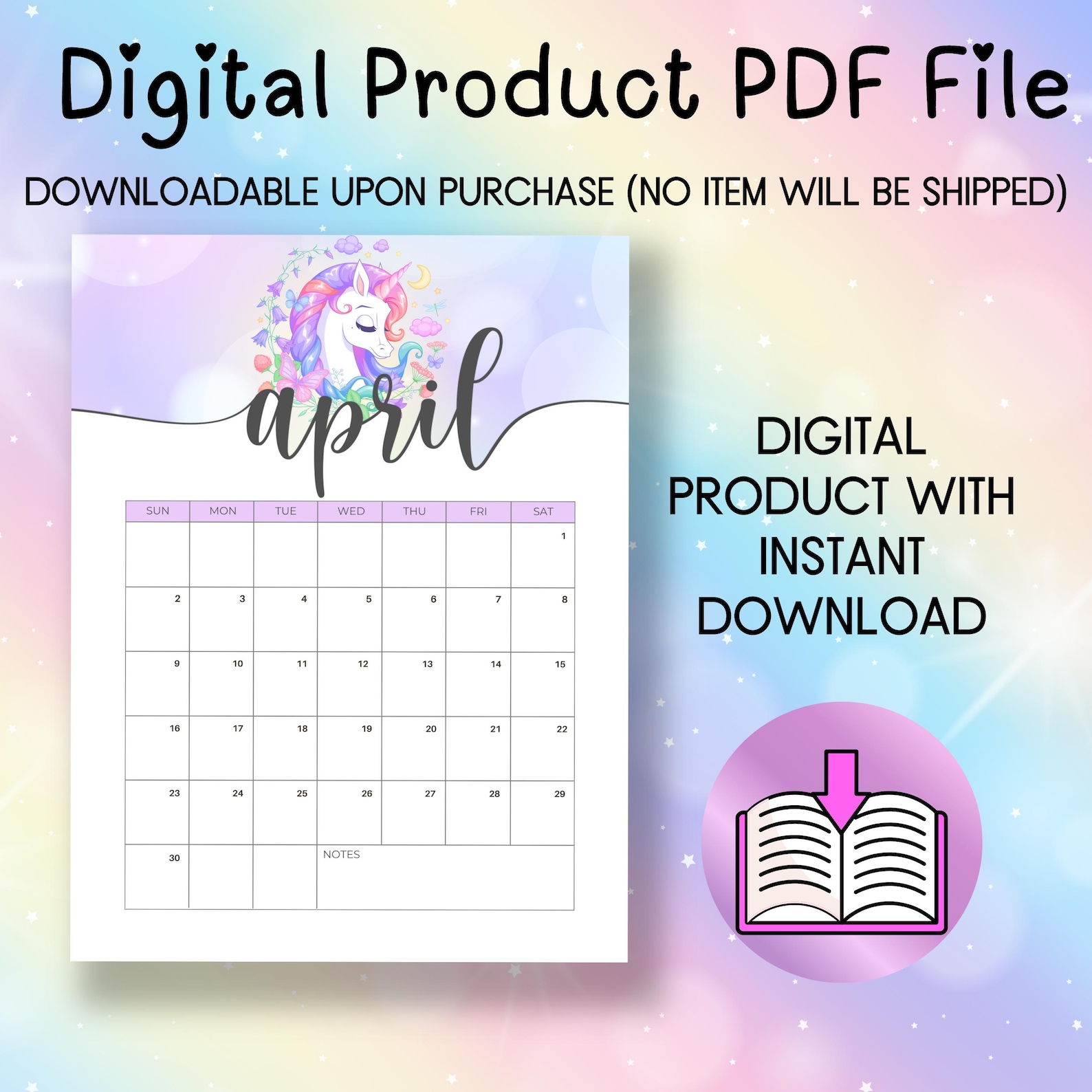 2025 Unicorn Calendar Printable Unicorn Clipart 2024 Calendar PDF 2024 ...