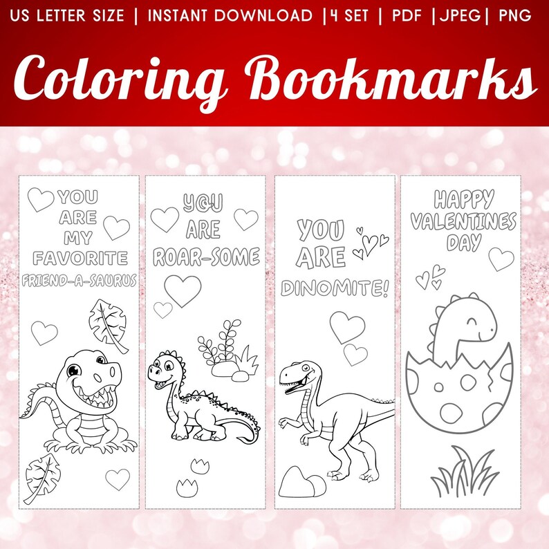 Dino Valentines Coloring Bookmarks Dinosaur Puns Coloring Bookmarks ...