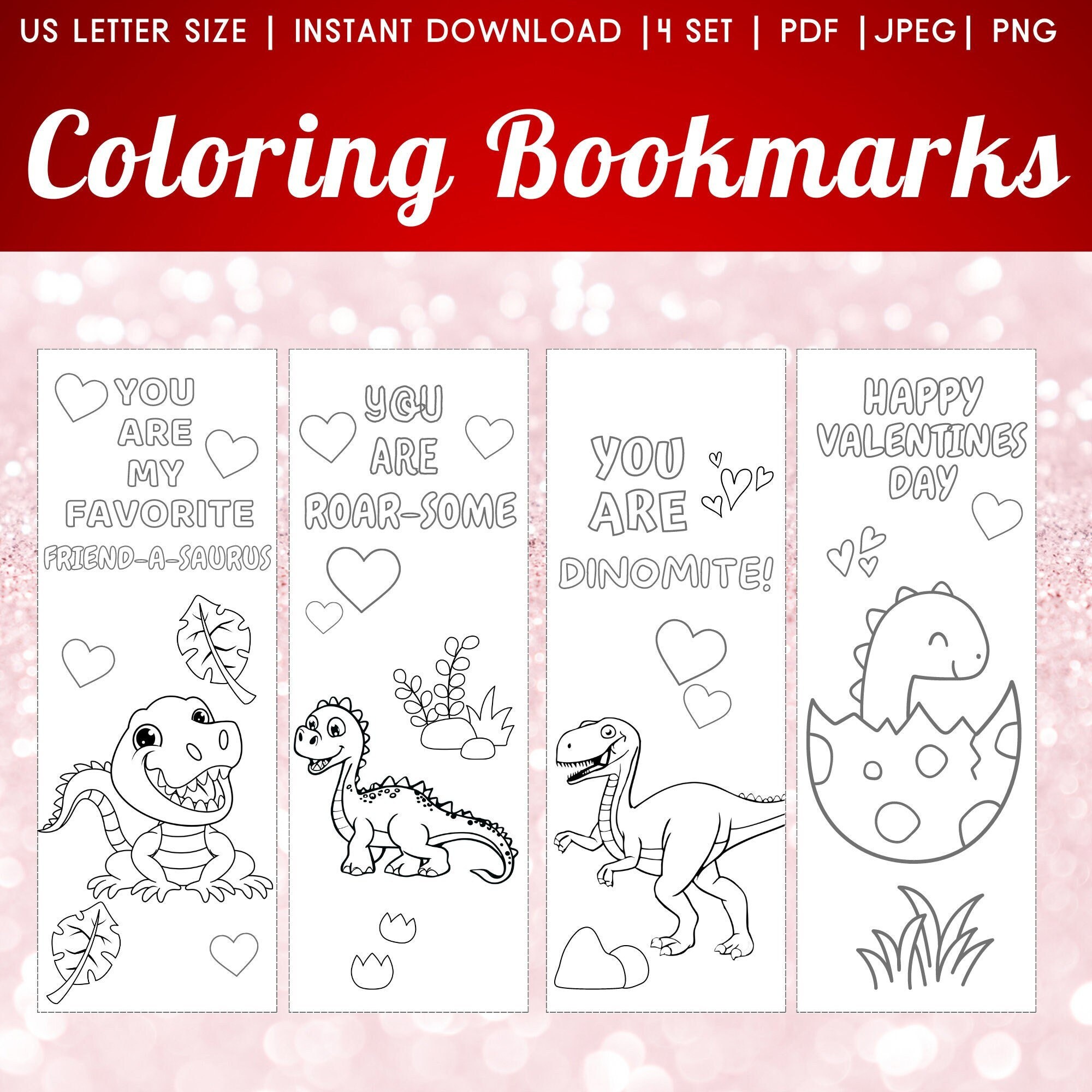 Dino Valentines Coloring Bookmarks Dinosaur Puns Coloring Bookmarks ...