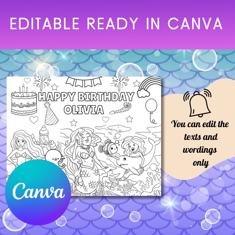 Editable Mermaid Birthday Coloring Mermaid Coloring Pages Mermaid ...