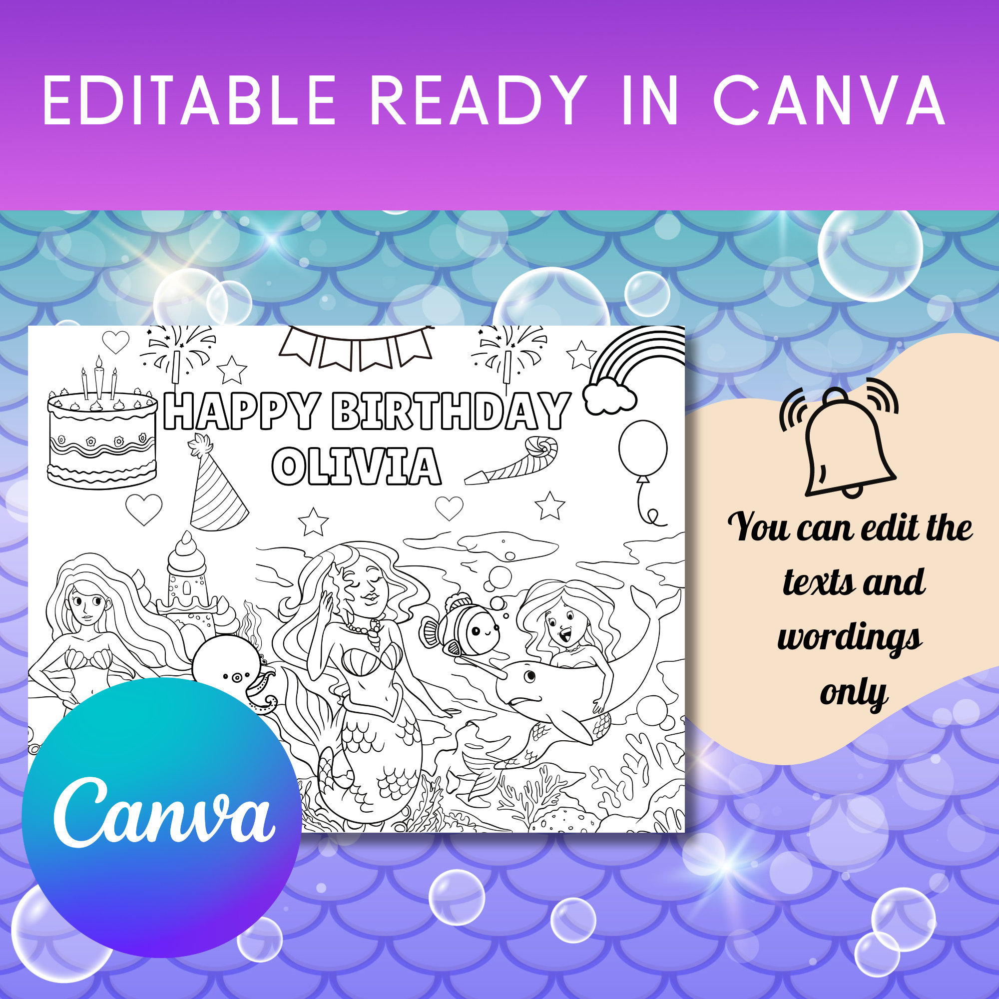 Editable Mermaid Birthday Coloring Mermaid Coloring Pages Mermaid ...