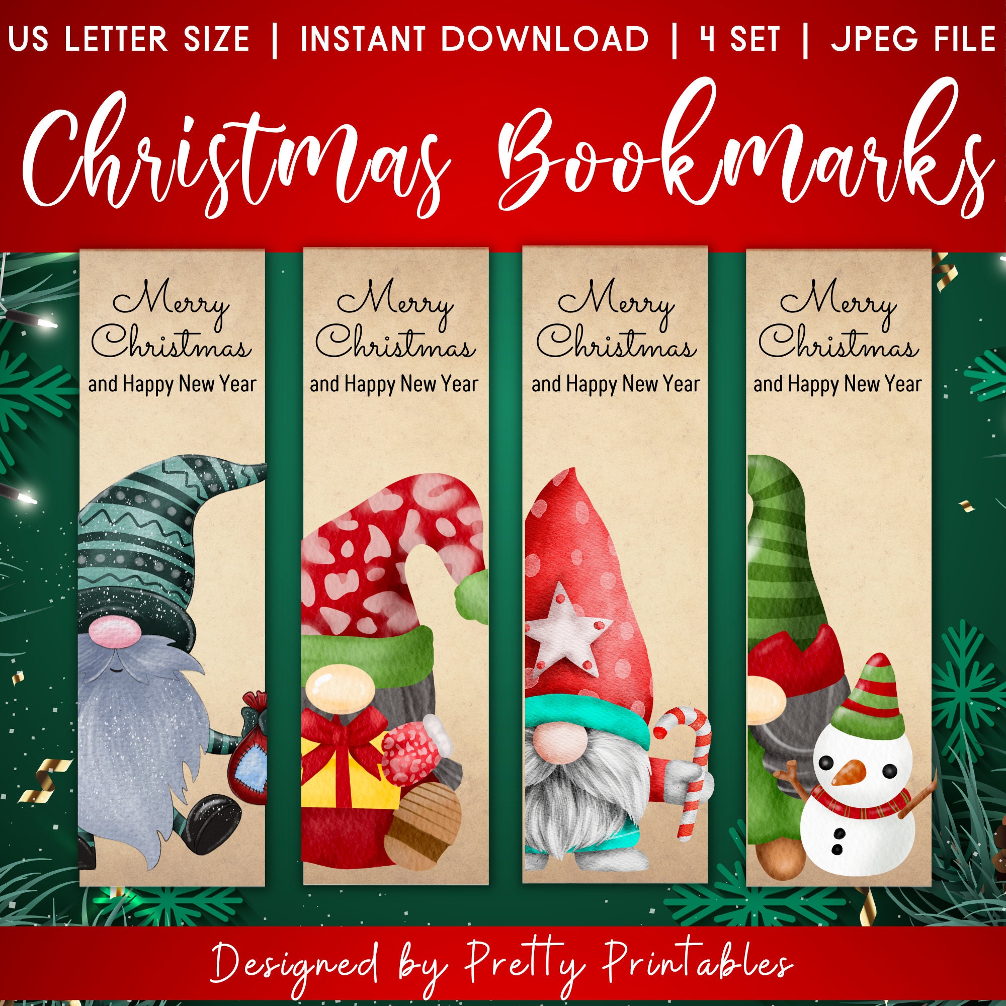 Gnomes Bookmarks Printable Set of 4 Christmas Gnome Christmas Bookmarks ...