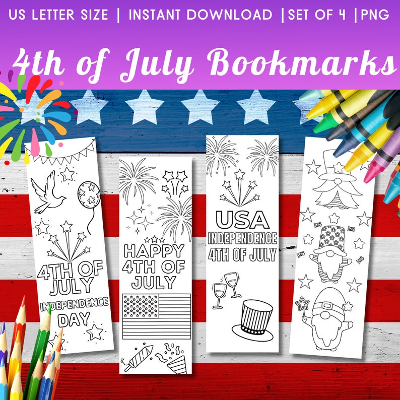 Kids 4th of July Coloring Bookmark Set of 4 Printable Patriotic ...