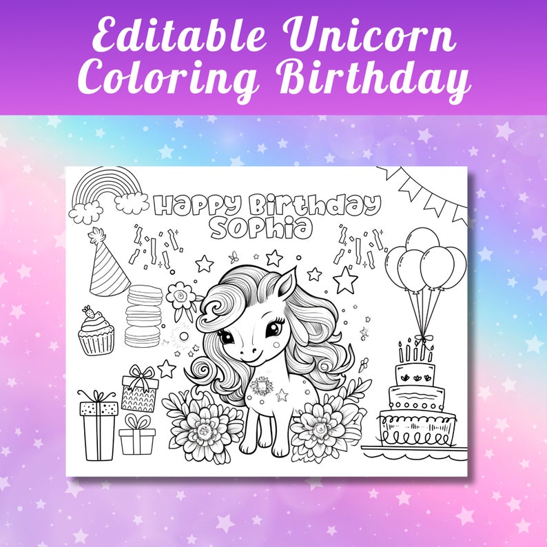 Editable Unicorn Birthday Coloring Unicorn Coloring Pages Unicorn ...