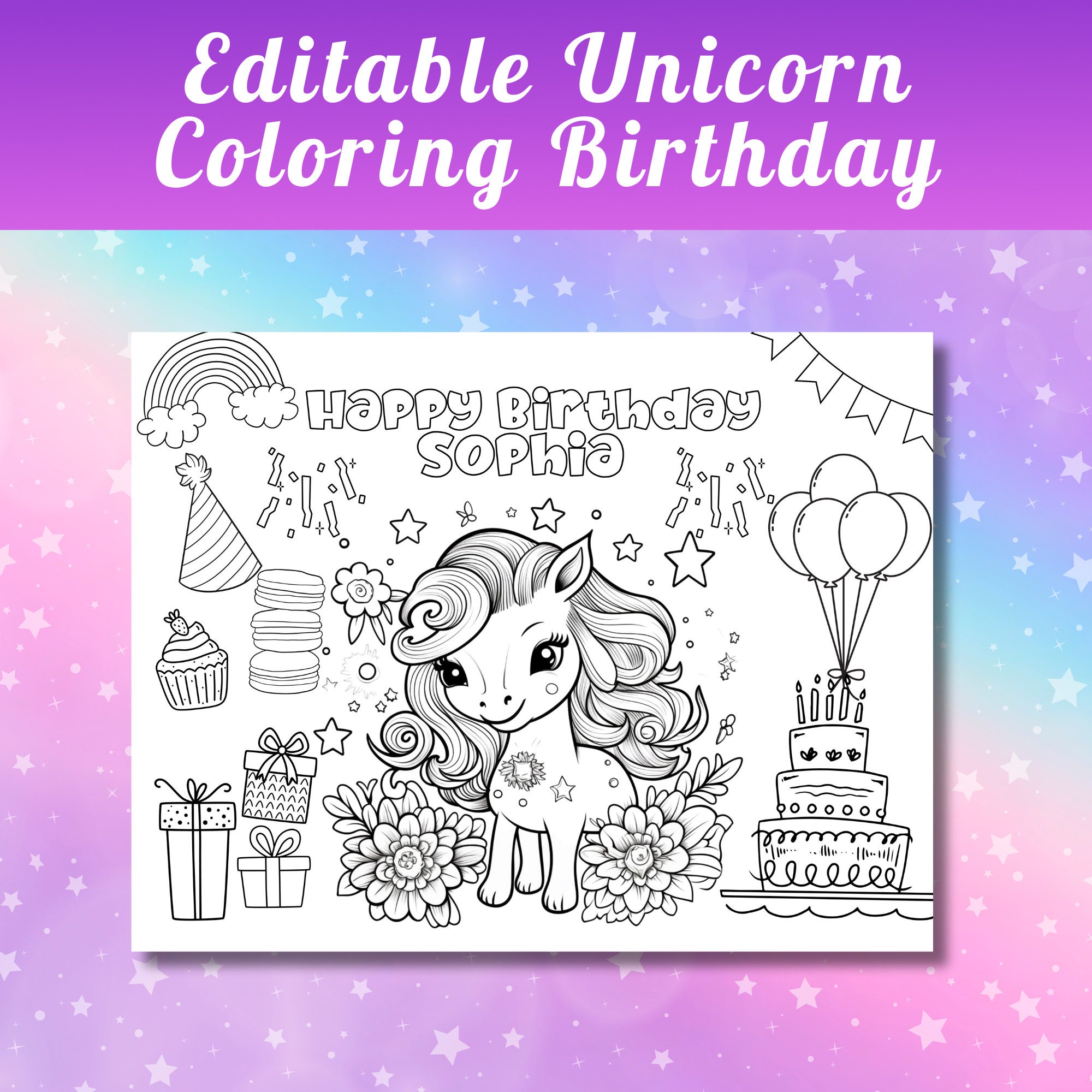 Editable Unicorn Birthday Coloring Unicorn Coloring Pages Unicorn ...