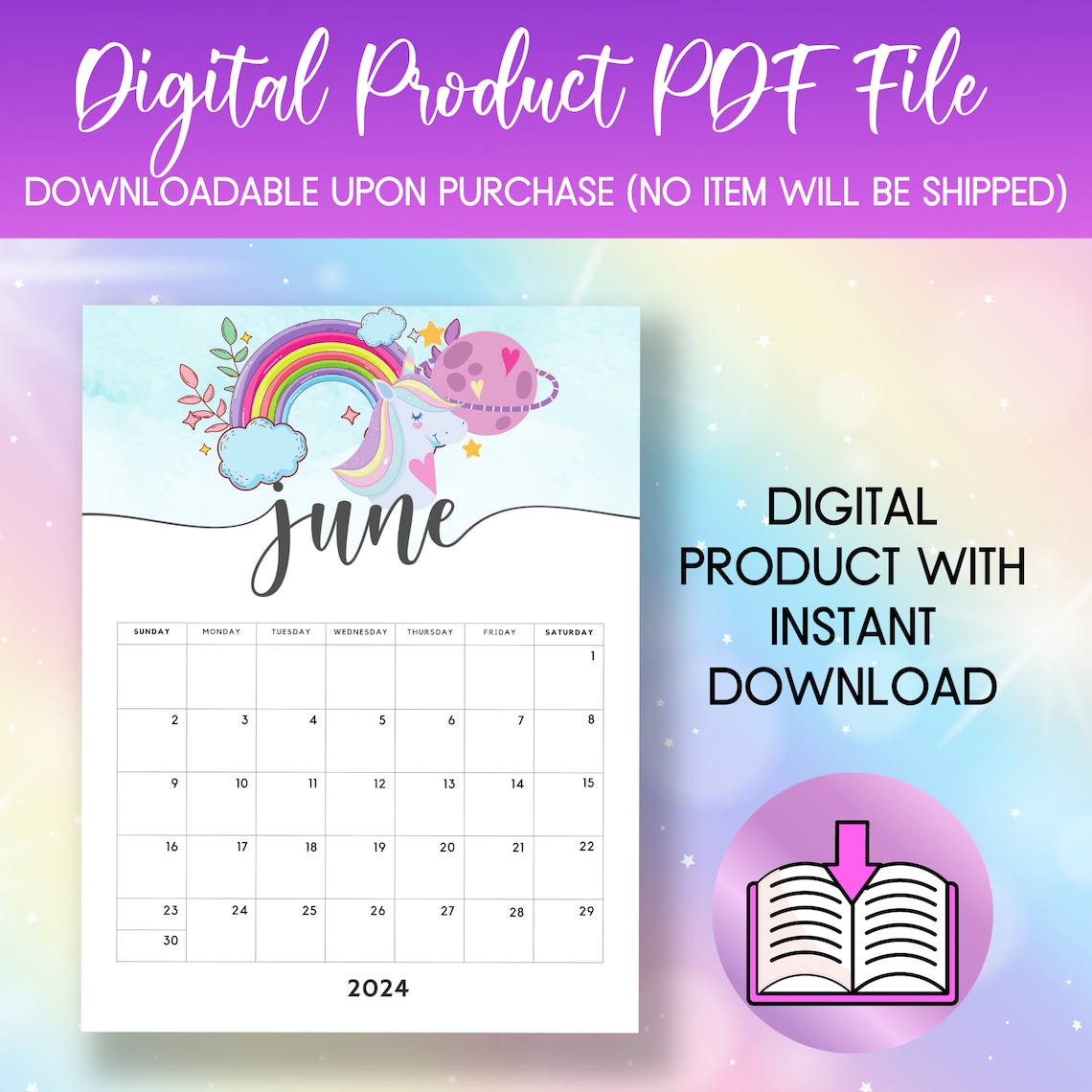 2024 Unicorn Calendar Printable Unicorn Clipart 2024 Calendar PDF 2024 ...